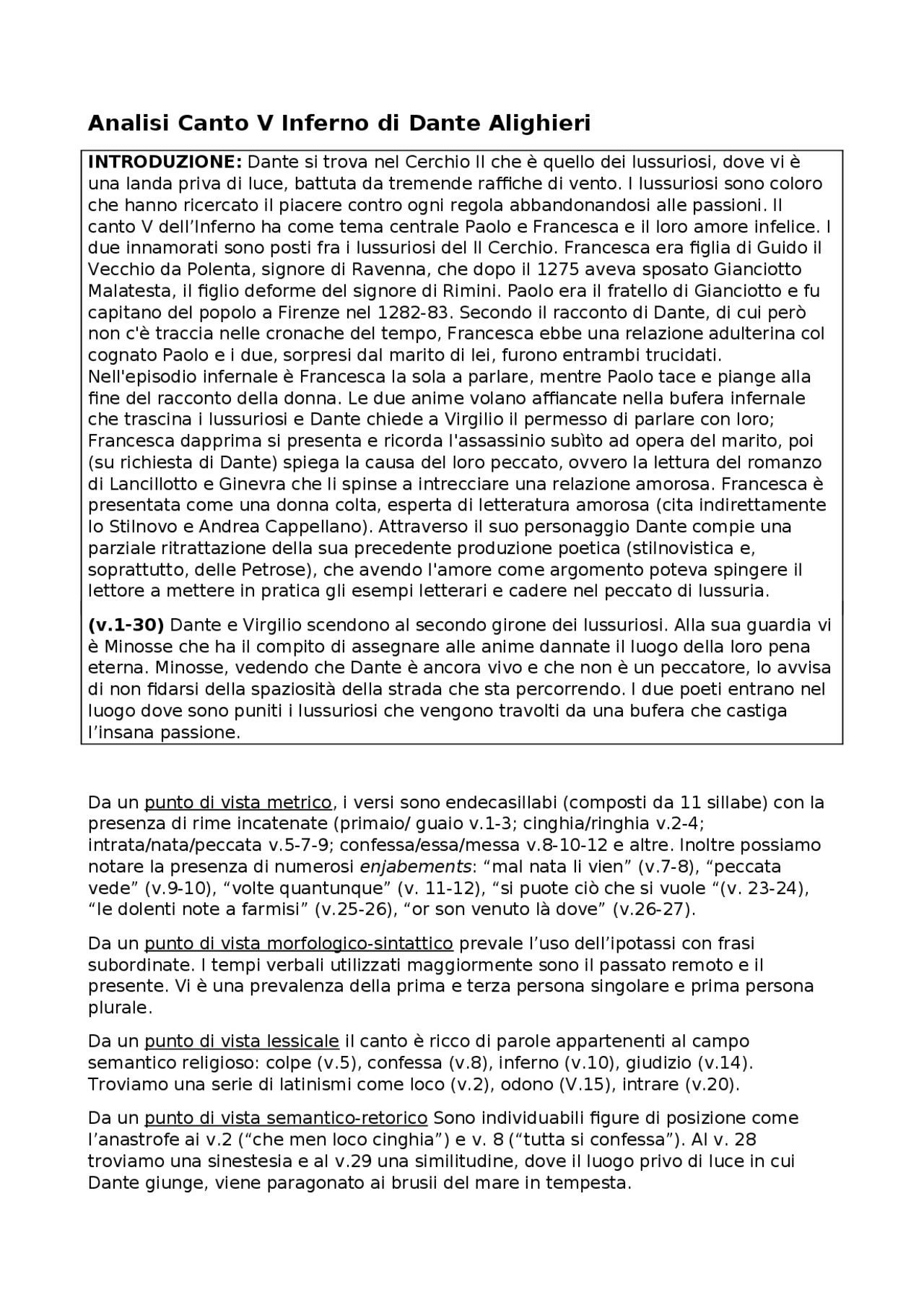 Canto V Inferno Divina Commedia | Appunti di Letteratura Italiana - Docsity