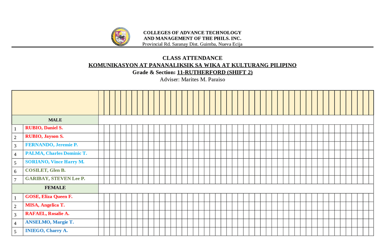 Attendance Record for Communication and Research in Filipino Language ...