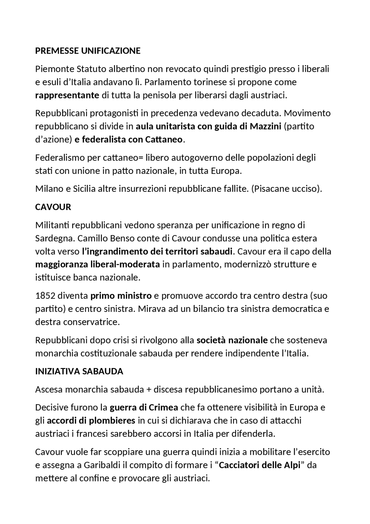 Processo Unità Ditalia Schemi E Mappe Concettuali Di Storia Docsity