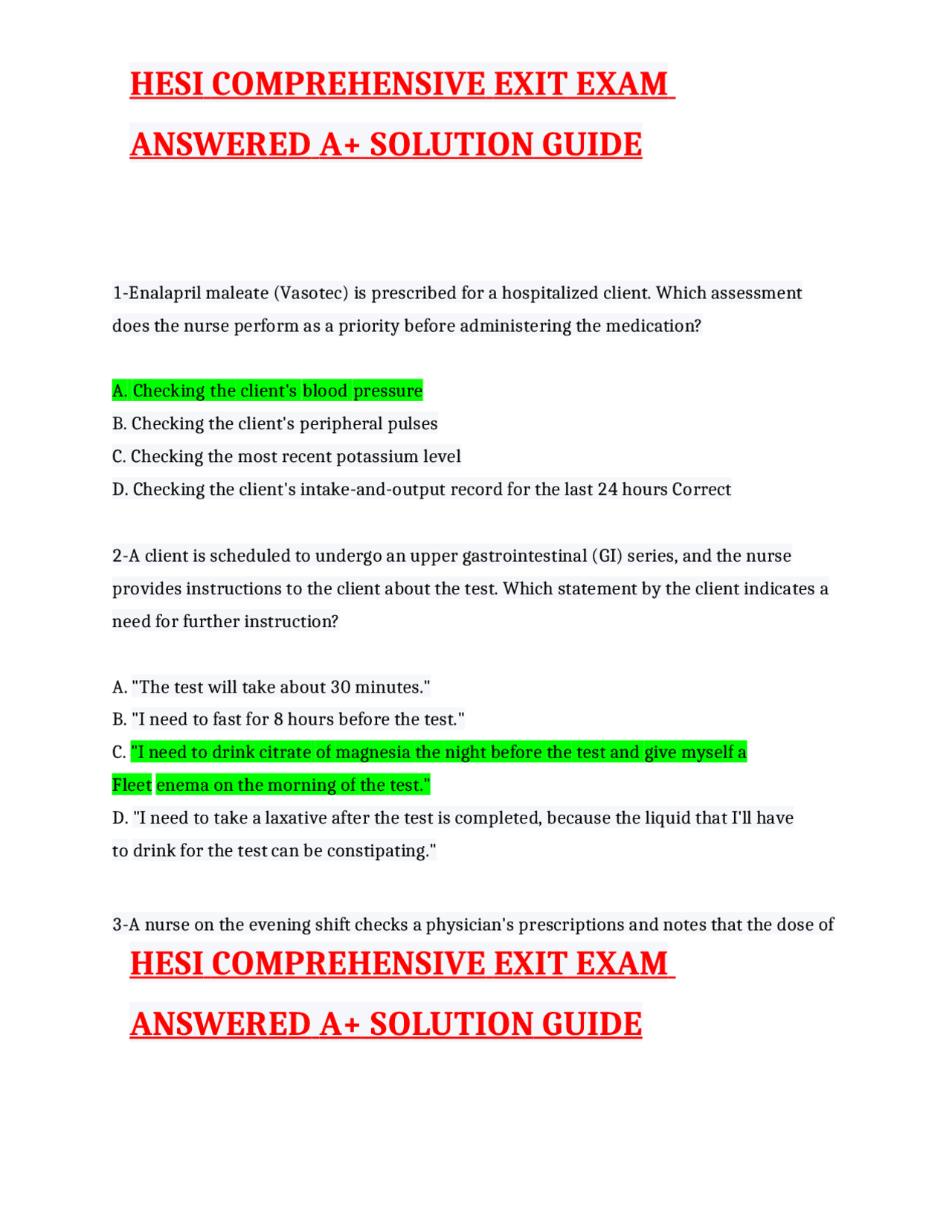 HESI COMPREHENSIVE EXIT EXAM ANSWERED A+ SOLUTION GUIDE | Exams Nursing ...