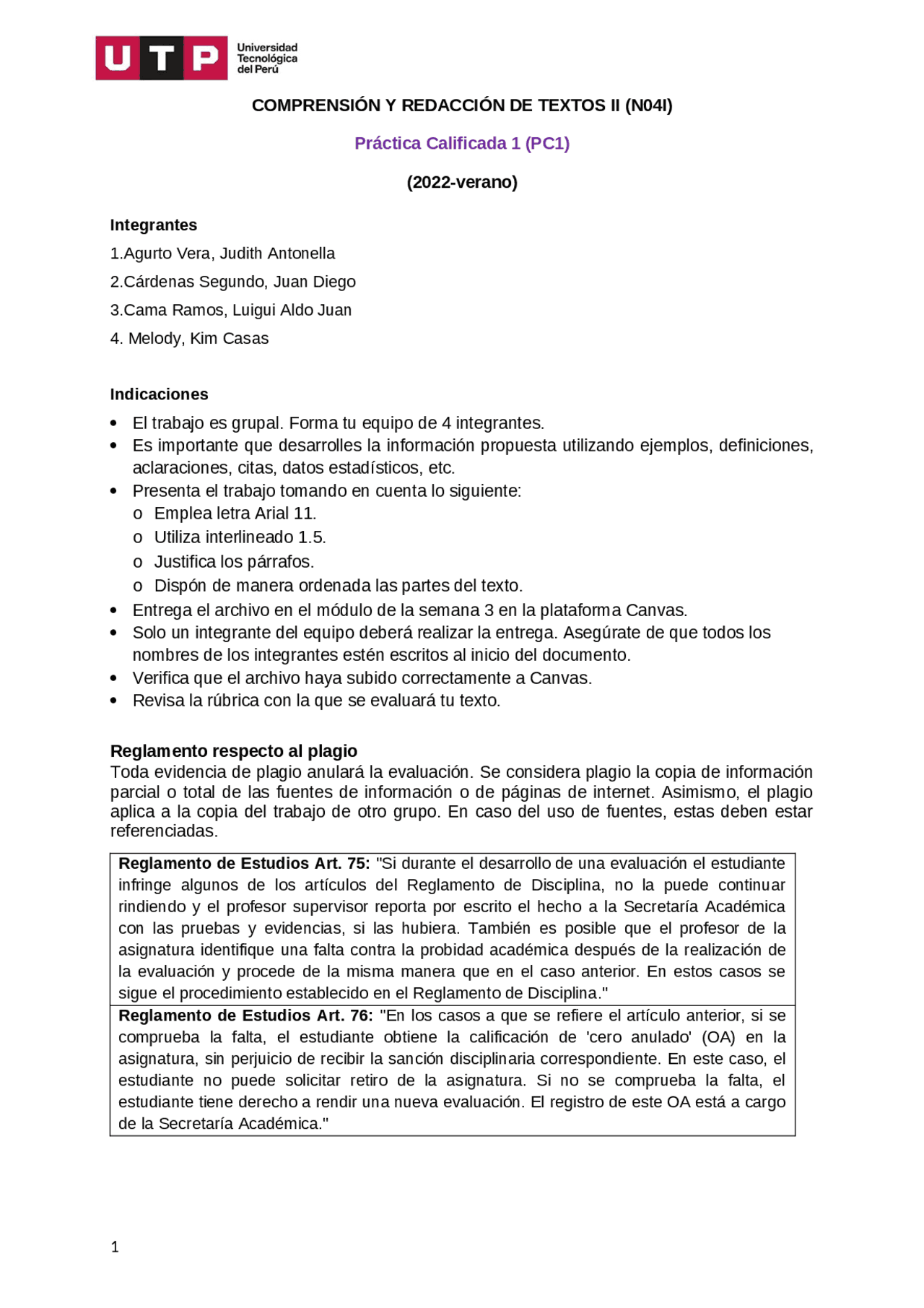 ComprensiÓn Y RedacciÓn De Textos Ii N04i Práctica Calificada 1 Pc1