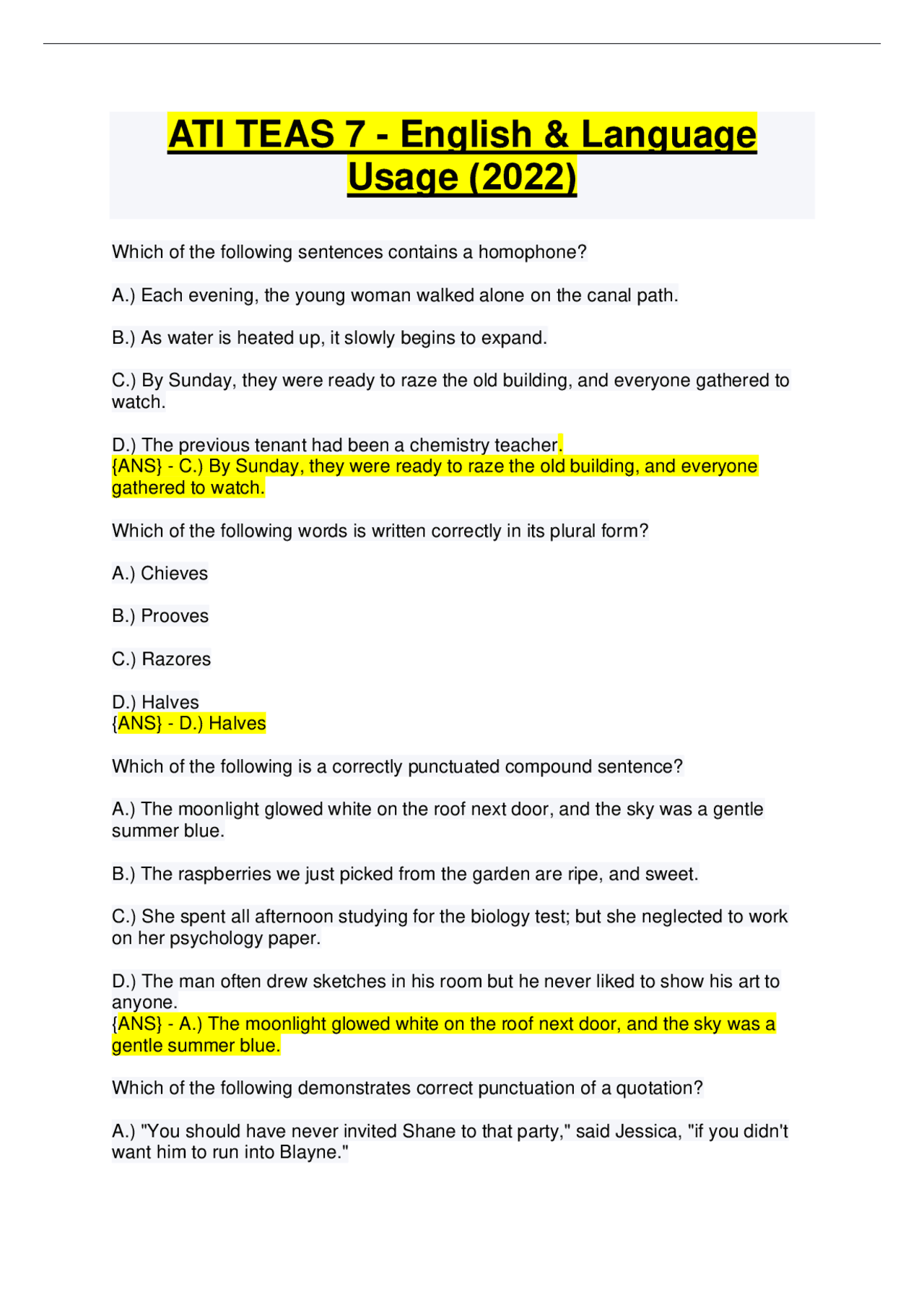 ATI TEAS 7 English & Language Usage Latest Version 2022 | Quizzes ...