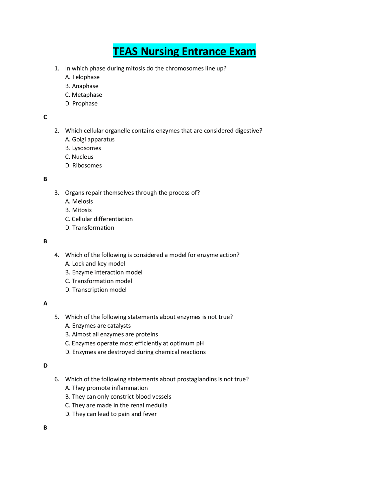 TEAS Nursing Entrance Exam 2022 | Study notes Nursing - Docsity