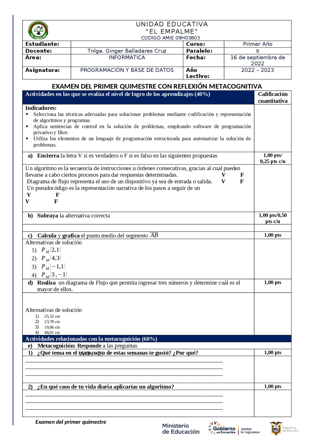 Examen Con MetacogniciÓn Informatica Exámenes De Informática Docsity