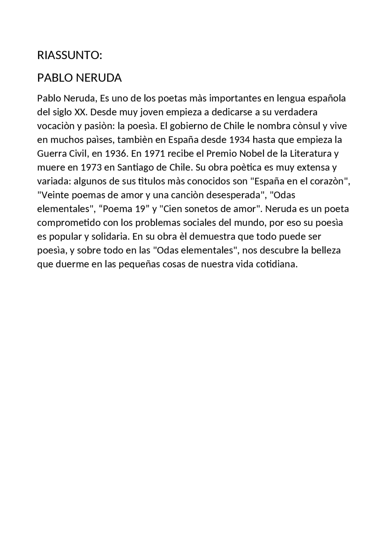 Appunti: PABLO NERUDA (spagnolo) | Appunti di Spagnolo | Docsity