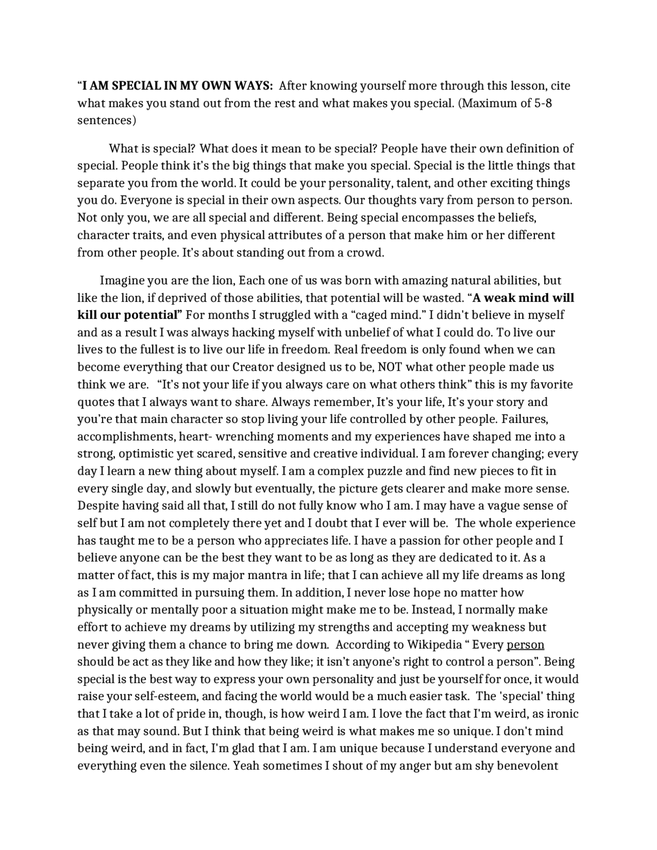 Essay about special in my own ways | Essays (high school) English | Docsity