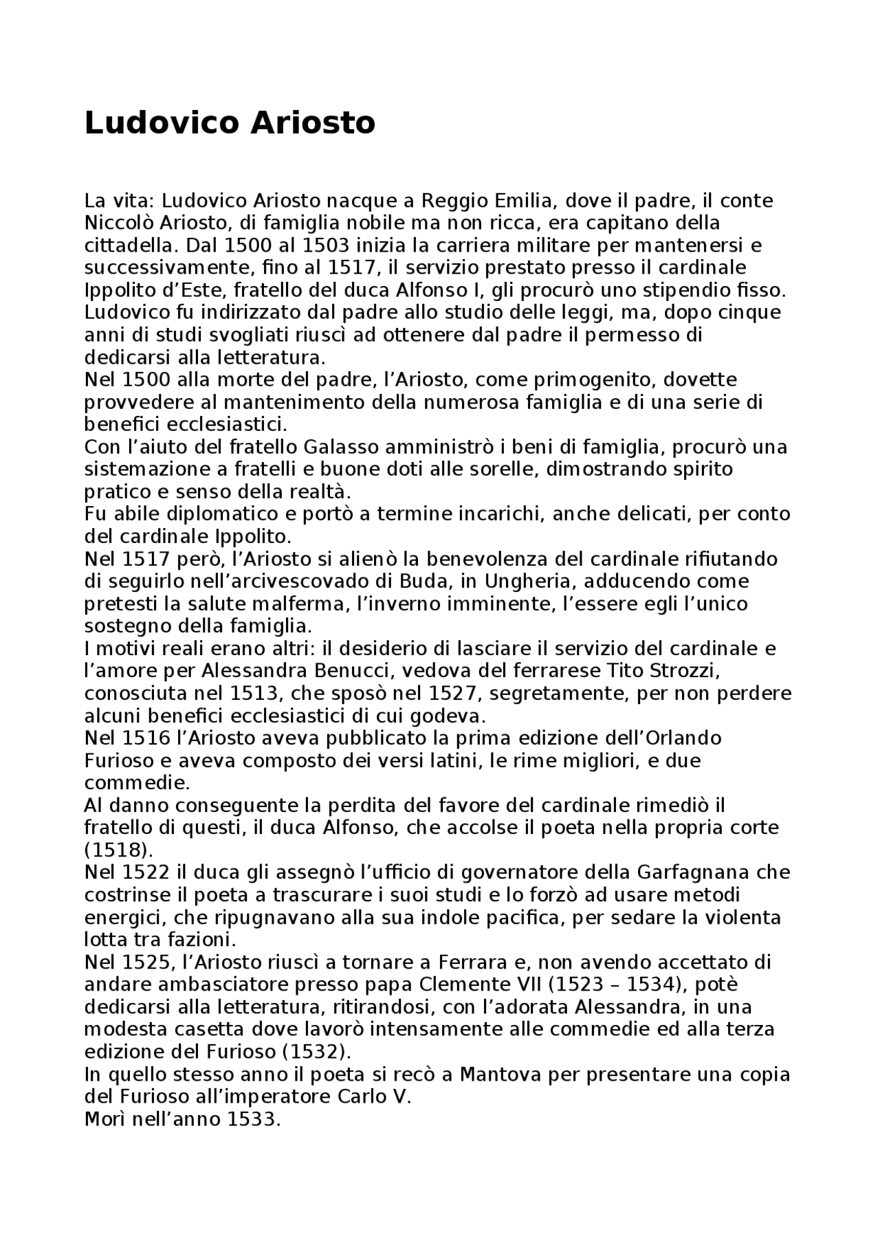 Ludovico Ariosto: vita e opera. | Appunti di Italiano | Docsity