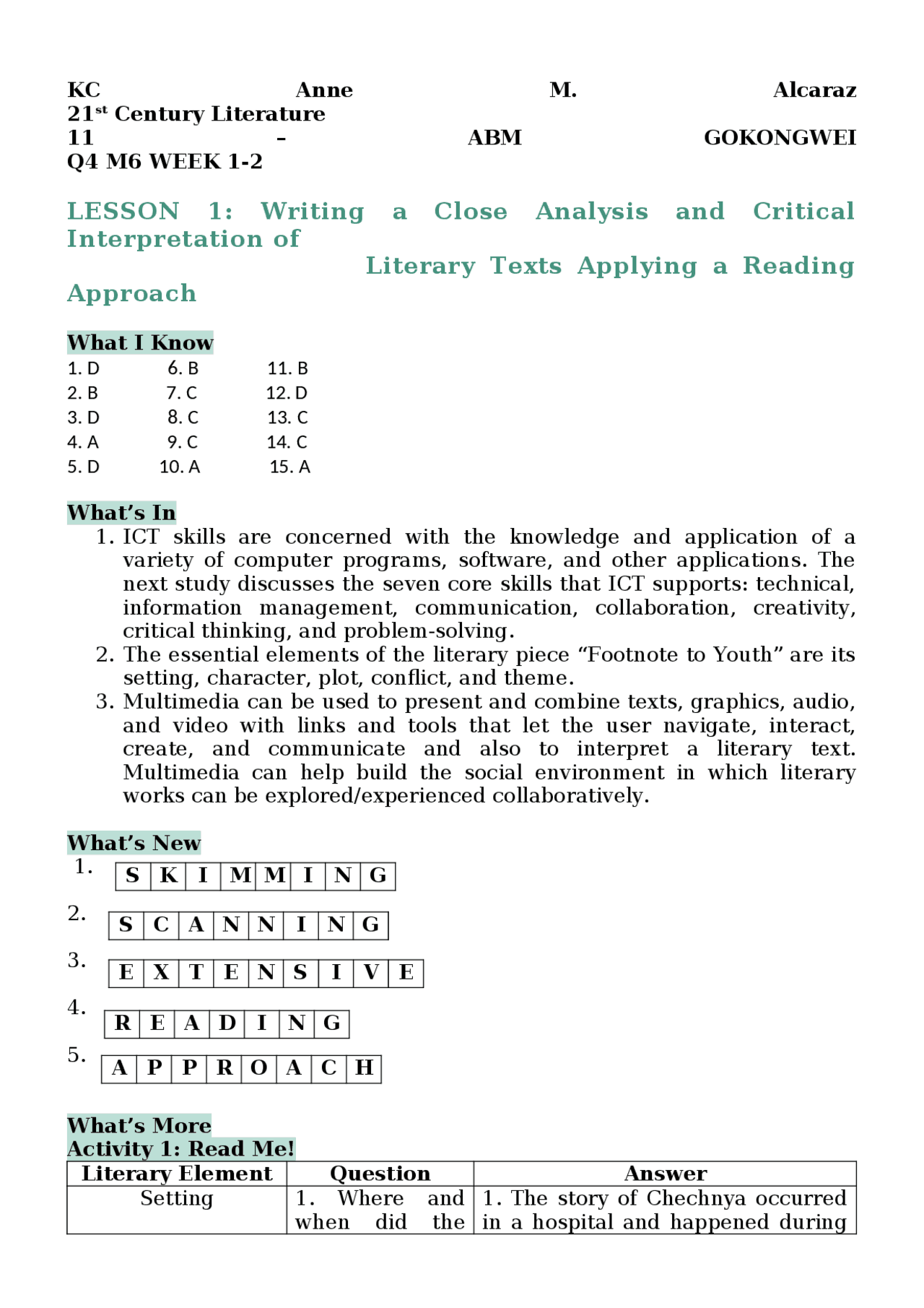 21st Century Literature Alcaraz Quarter 4 Week 1 | Assignments English | Docsity