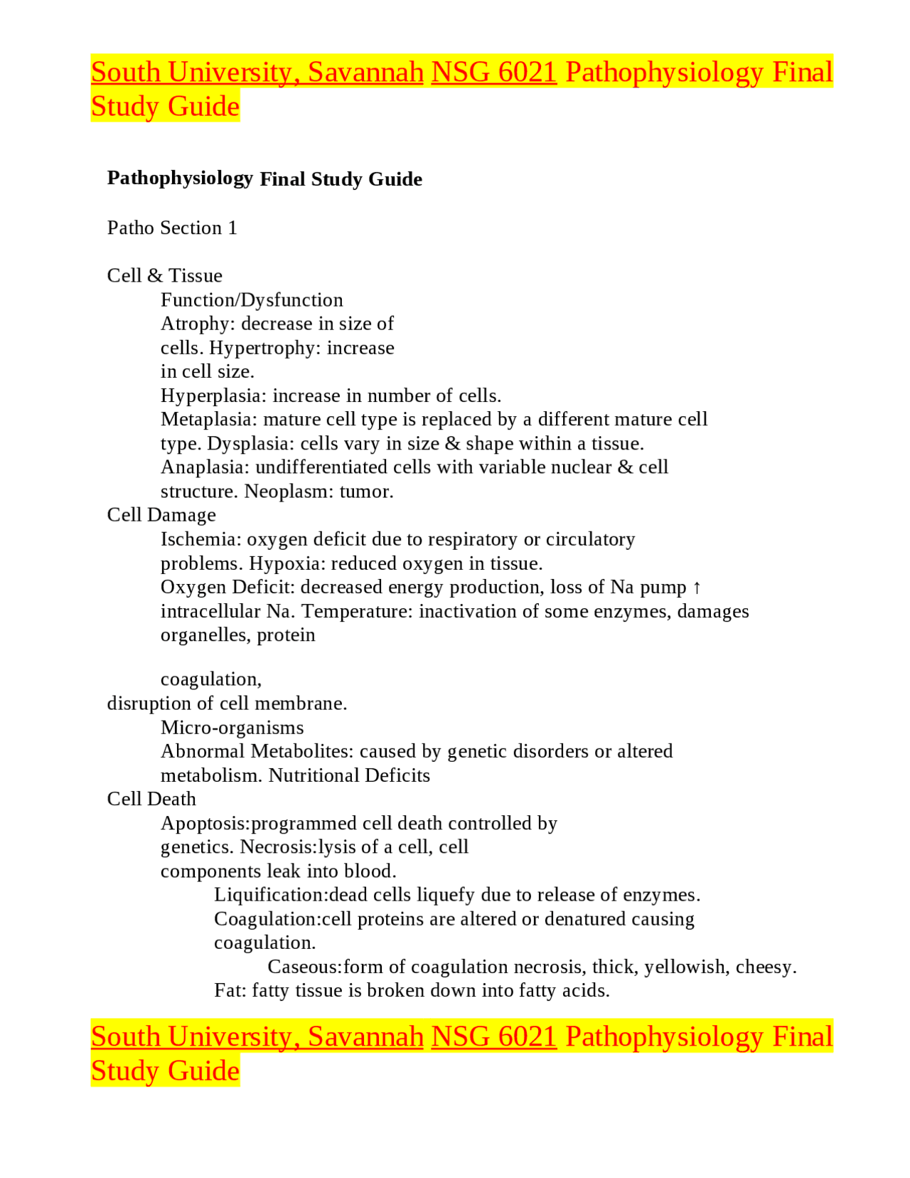 South University, Savannah NSG 6021 Pathophysiology Final Study Guide ...