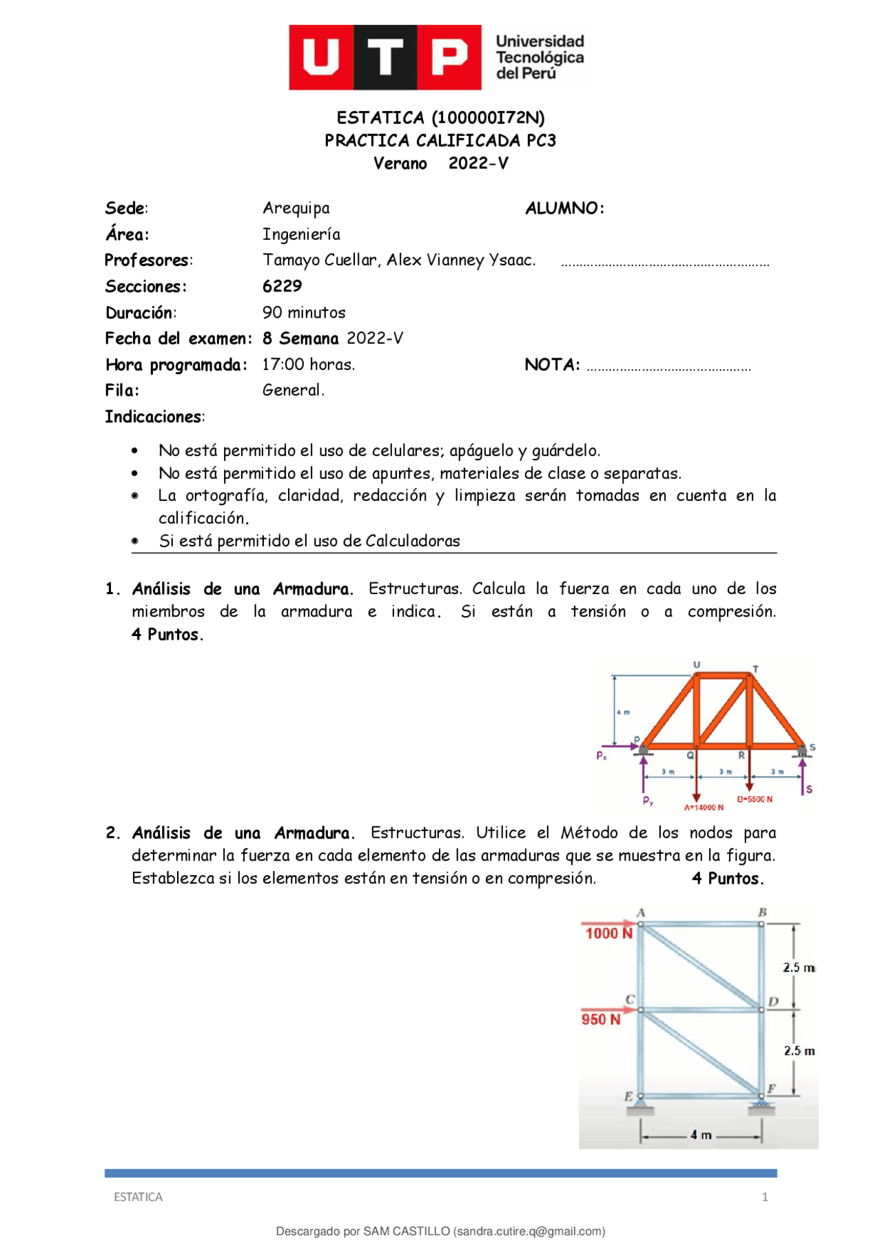 Pc3 Estatica Utp Practica Exámenes De Estática Docsity
