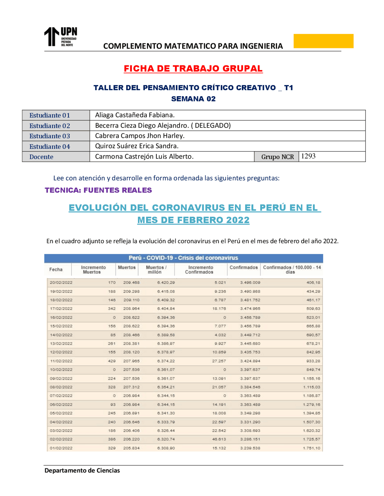taller de tpcc complemento matematico | Exámenes de Matemáticas | Docsity