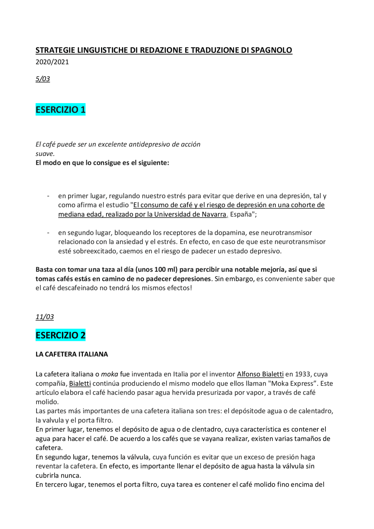 Strategie di redazione e traduzione Spagnolo - Esercizi + prova esame svolti | Esercizi di ...