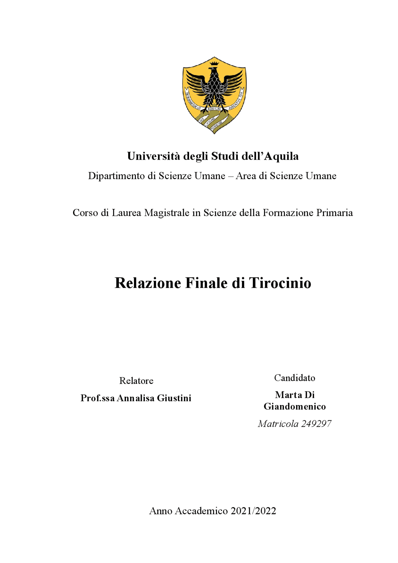 Relazione Finale Di Tirocinio Tesi Di Laurea Di Pedagogia Docsity