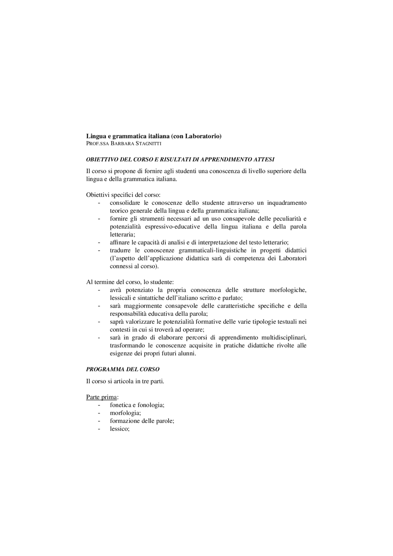 Programma Del Corso Tenuto Dalla Professoressa Stagnitti Sintesi Del