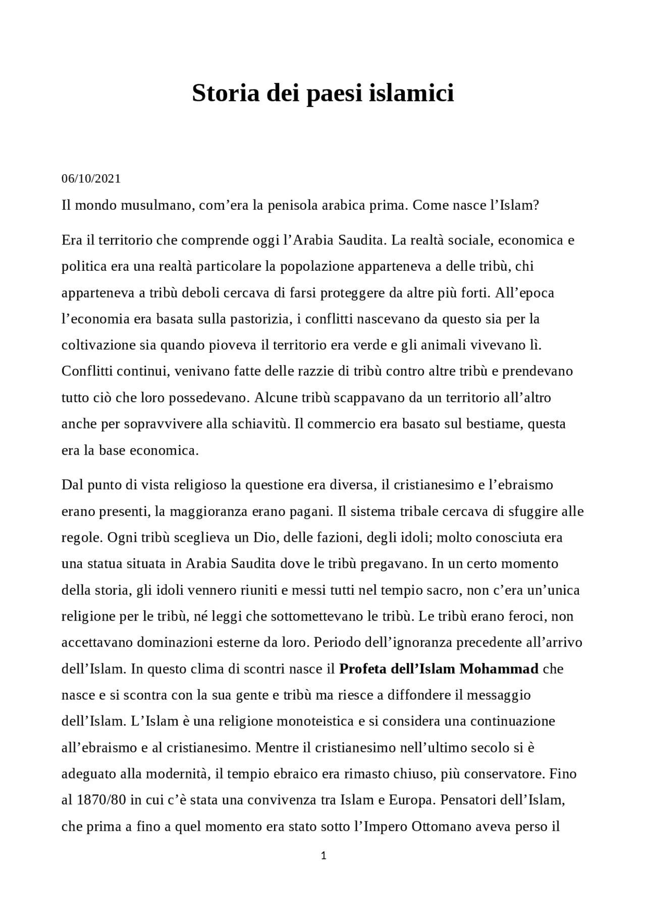 Appunti storia dei paesi islamici | Appunti di Storia dei paesi islamici | Docsity