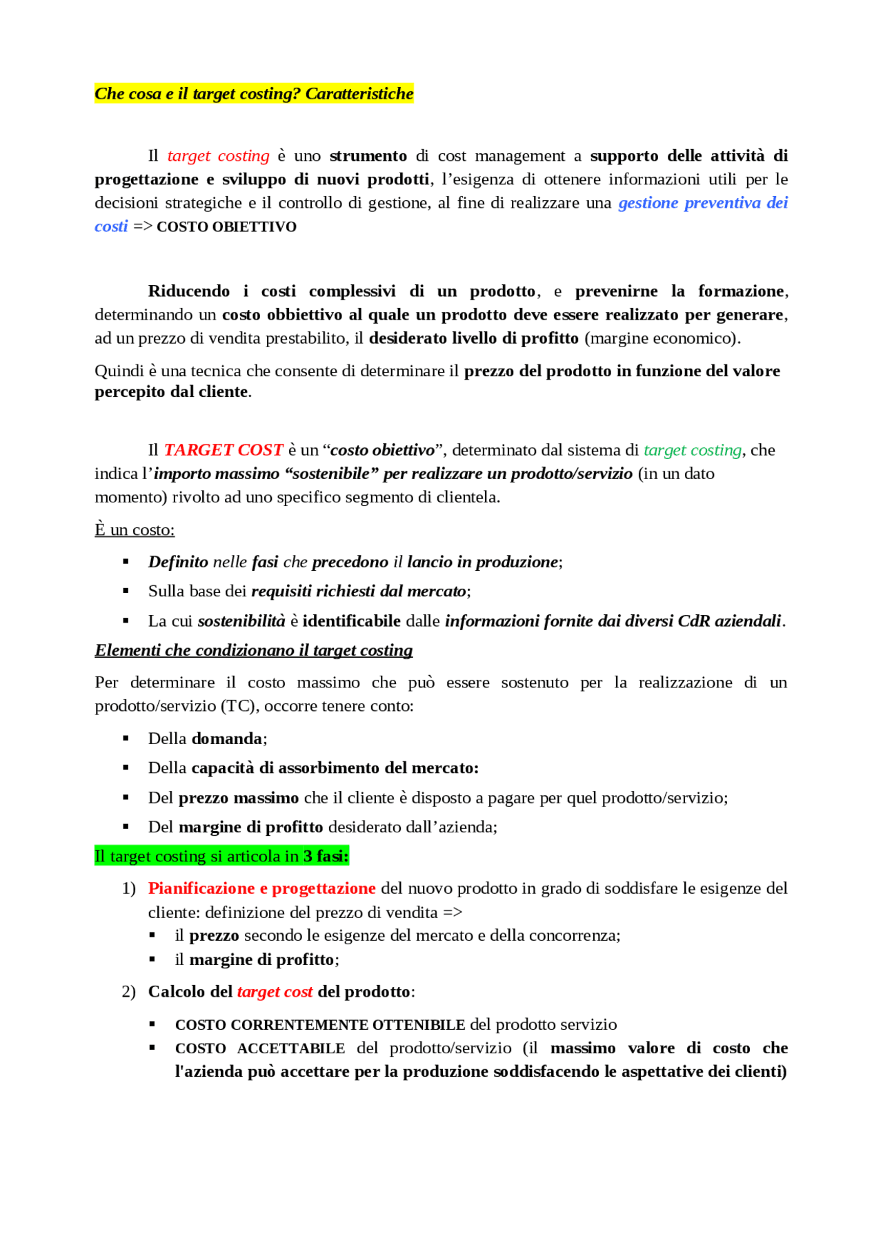 Target Costing Vantaggi E Svantaggi Appunti Di Cost Accounting Docsity