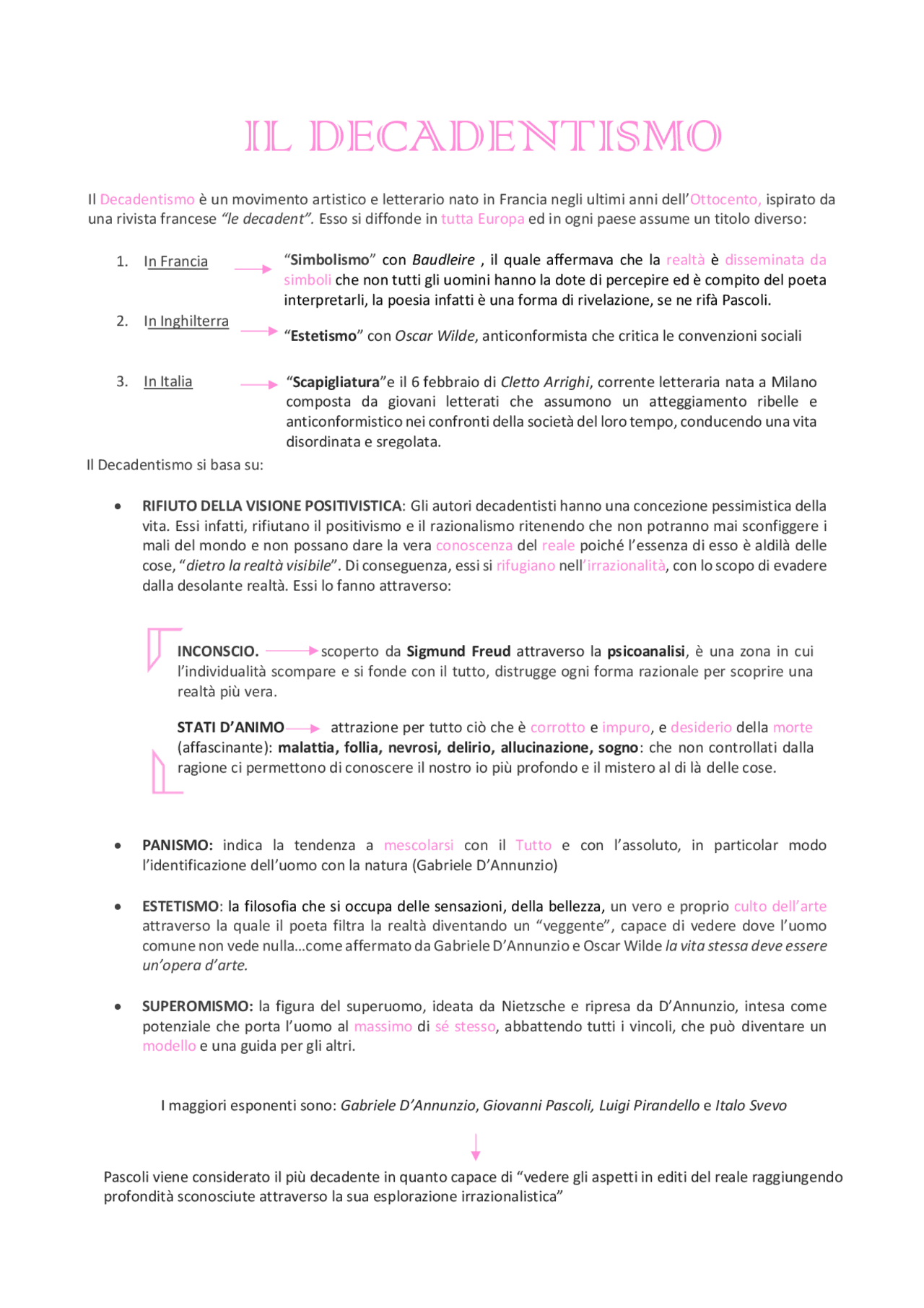 Il Decadentismo In Tutte Le Sue Forme Appunti Di Italiano Docsity