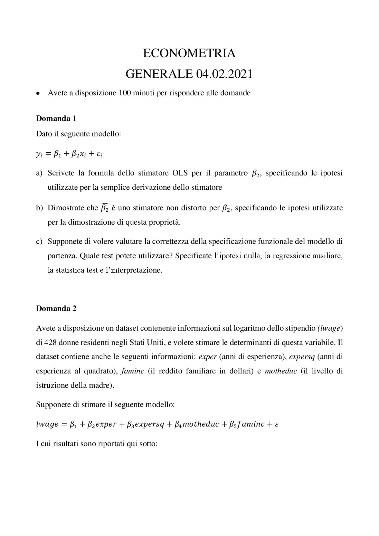 Econometria Per Passare Esame Appunti Di Econometria Docsity
