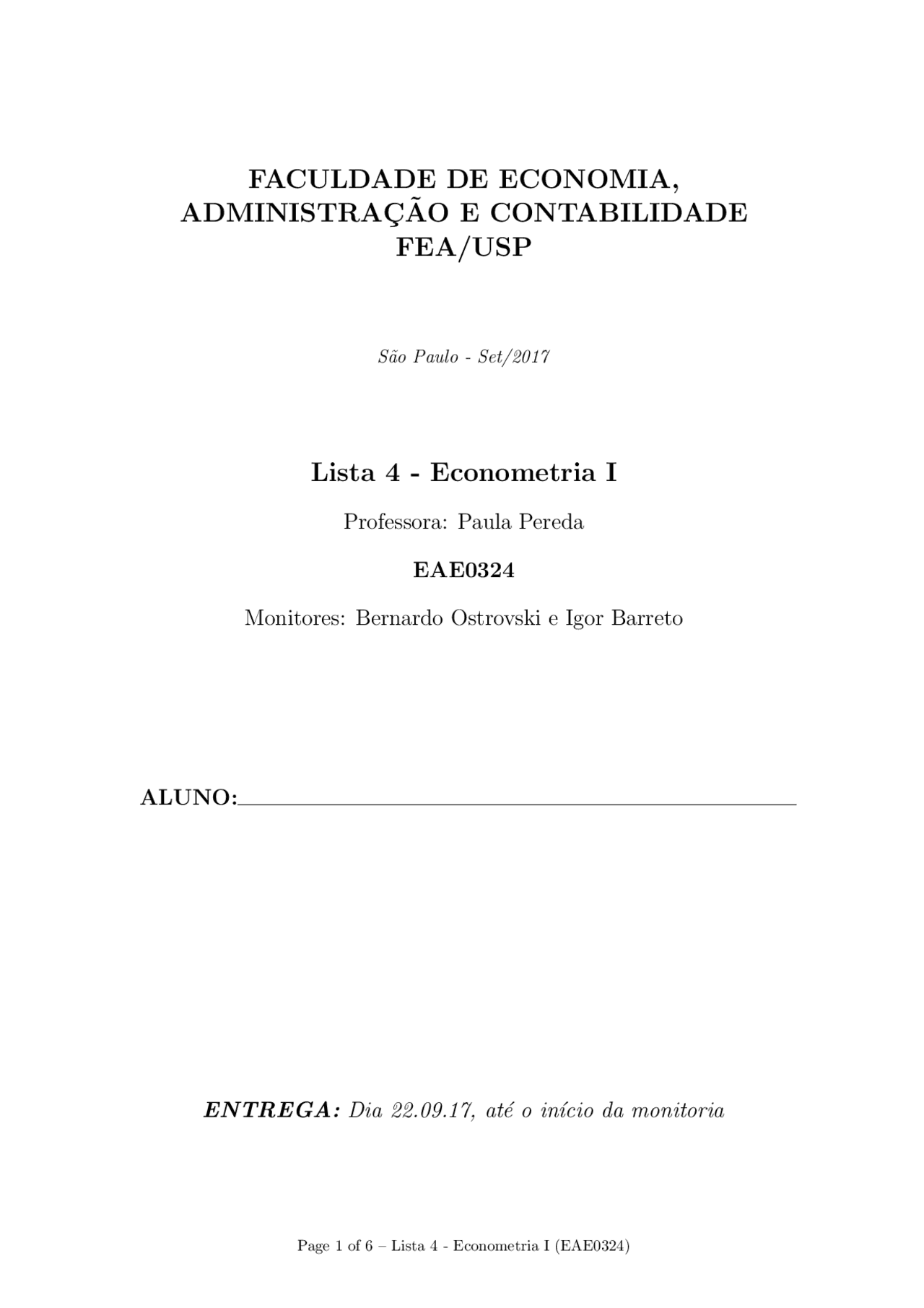 Lista de exercícios de econometria | Exercícios Econometria | Docsity