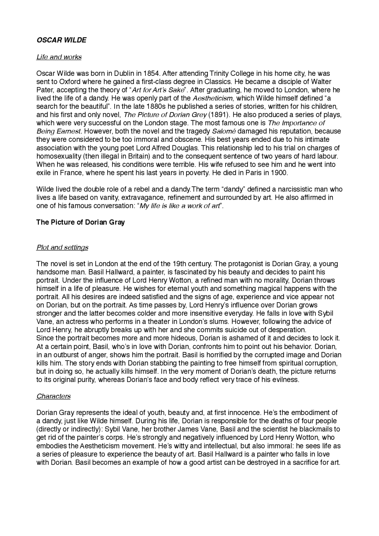 Oscar Wilde, The Picture of Dorian Gray | Study notes of English | Docsity