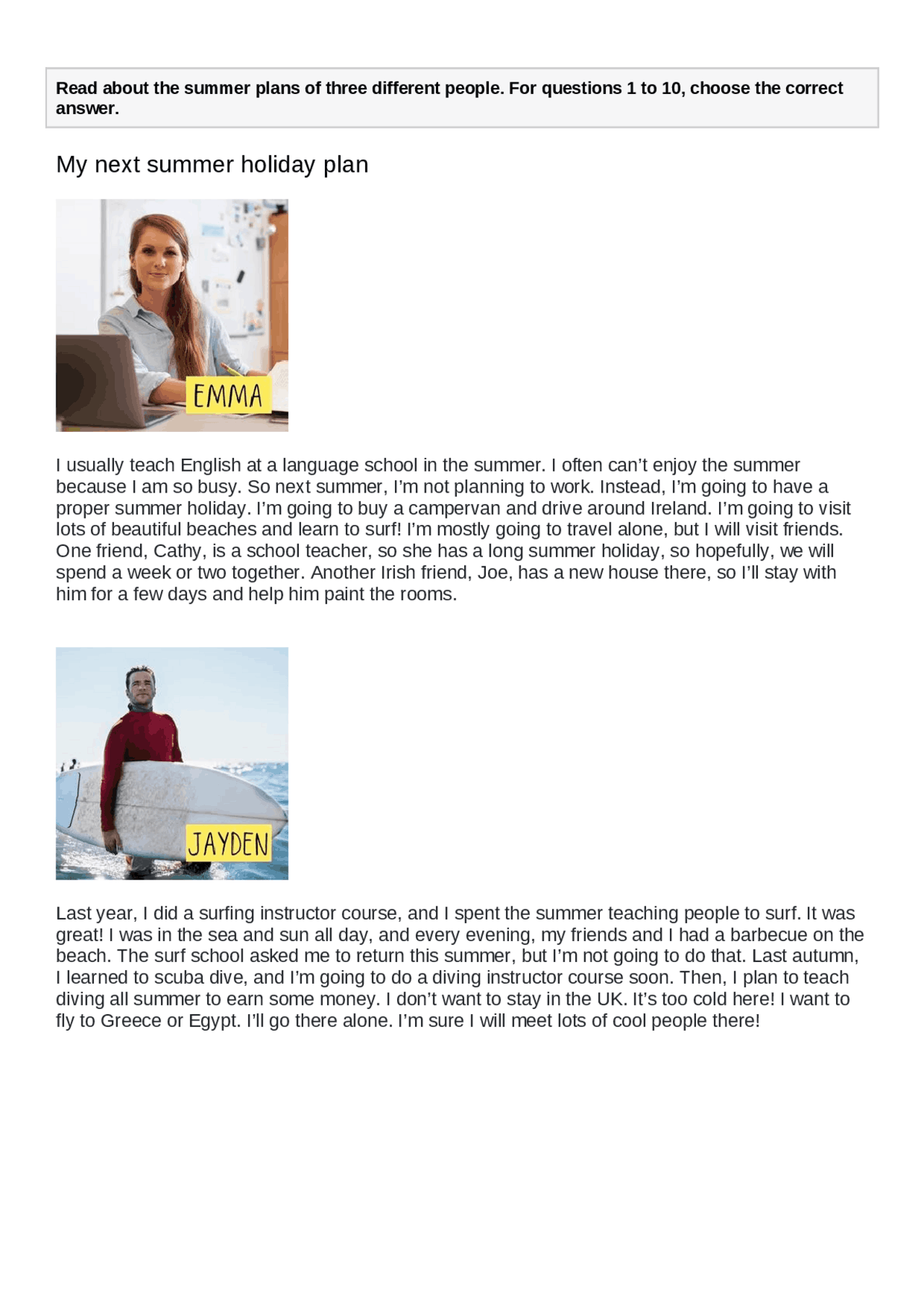 Reading comprehension level a1 | Ejercicios de Inglés | Docsity