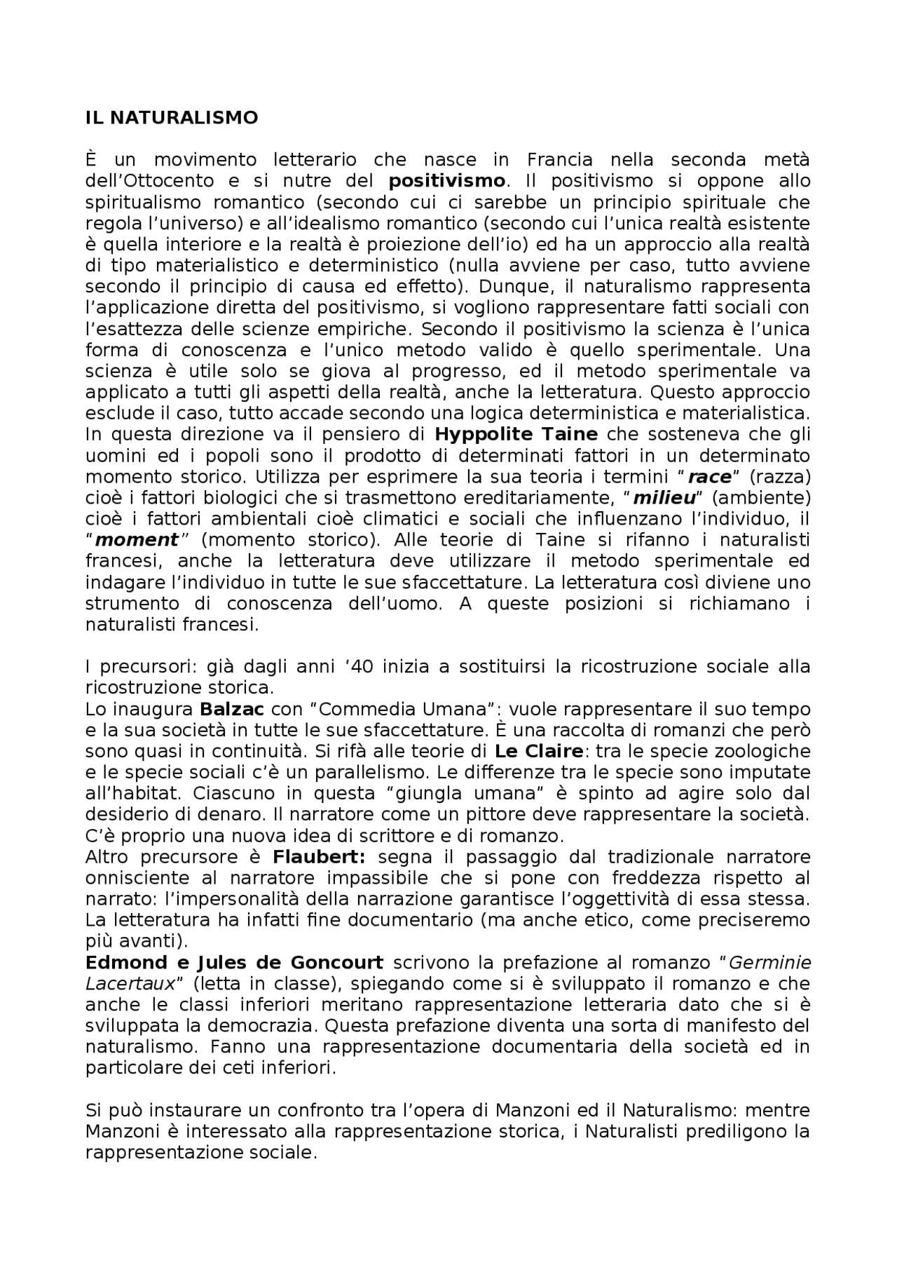 Il naturalismo francese | Schemi e mappe concettuali di Italiano | Docsity