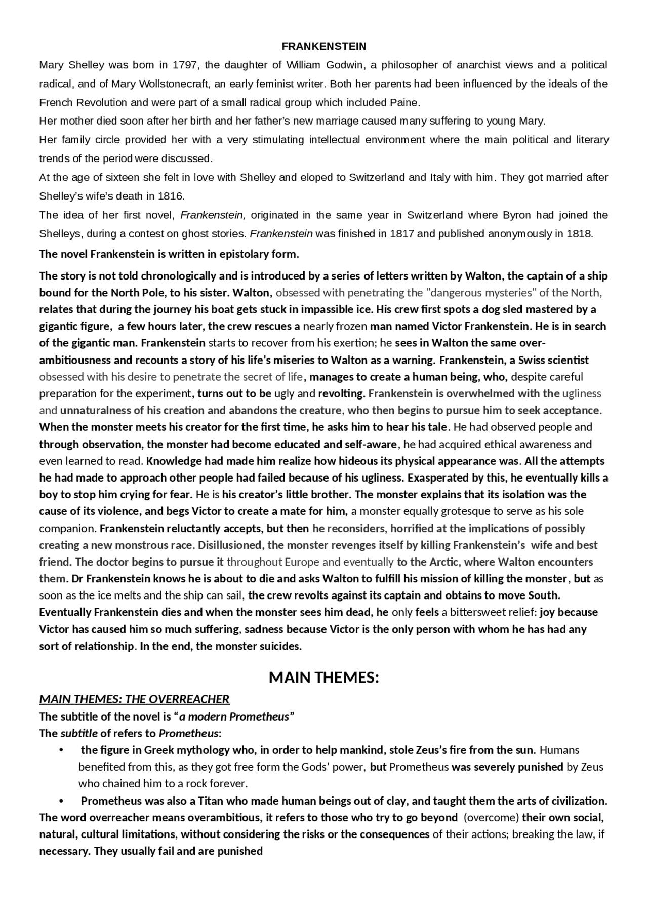 Mary Shelley’s Frankenstein | Schemi e mappe concettuali di Inglese | Docsity