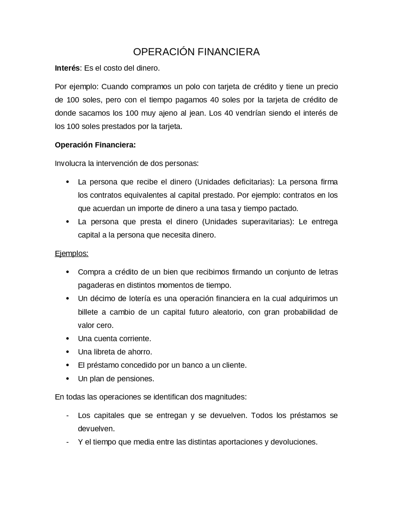 Operación Financiera (clase 1) | Apuntes de Finanzas Corporativas | Docsity