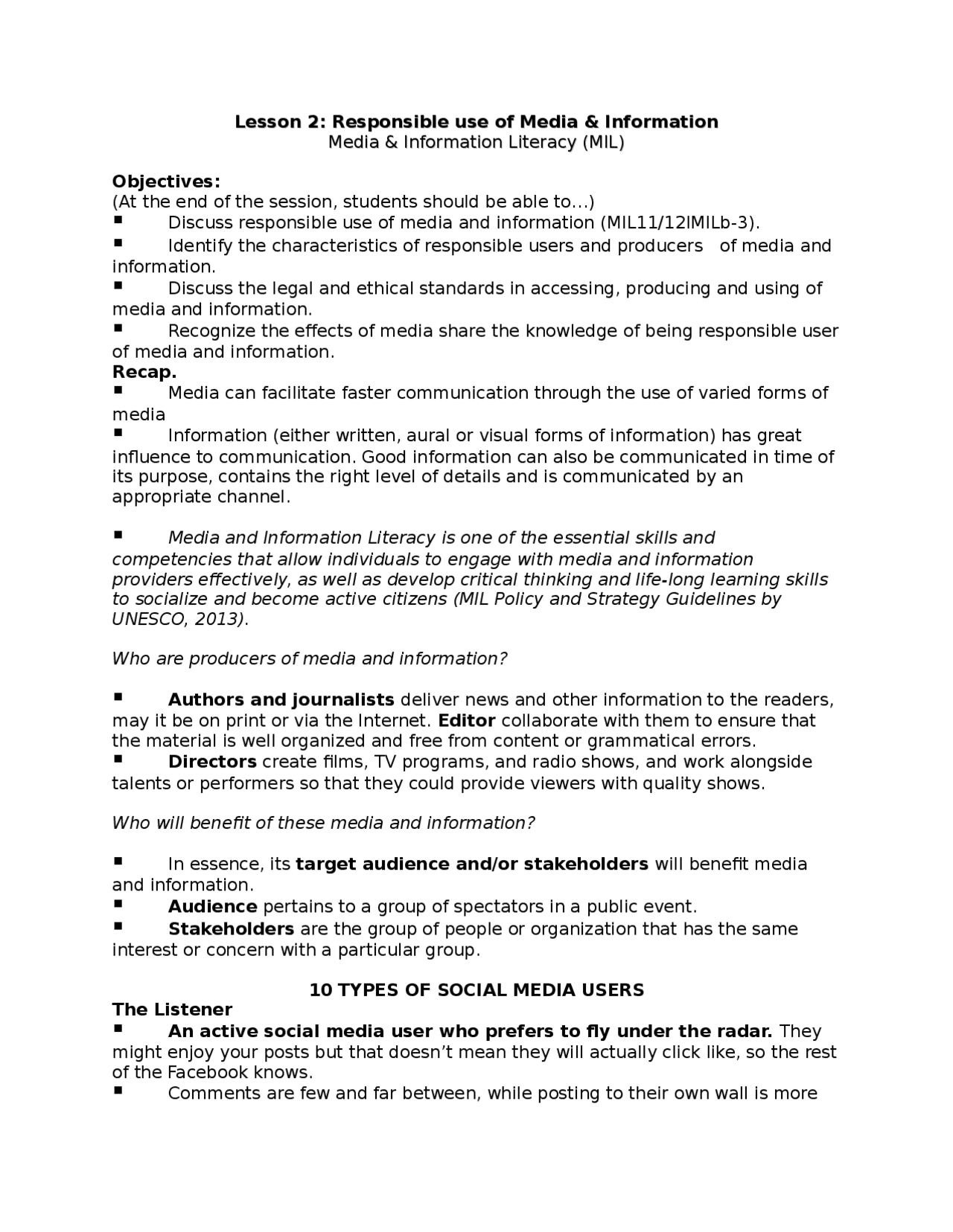 Media And Information Literacy Shs Lecture Notes Mathematics Docsity