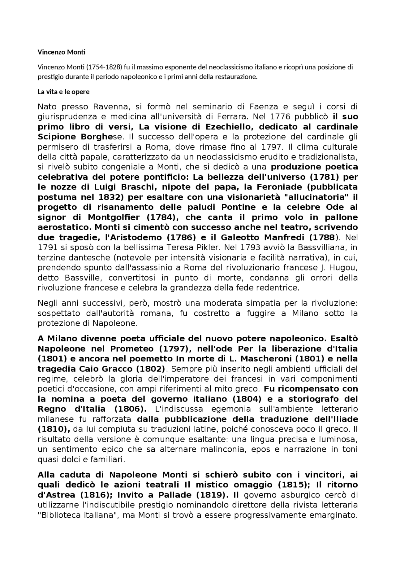 Vincenzo Monti Vita E Opere Appunti Di Letteratura Docsity