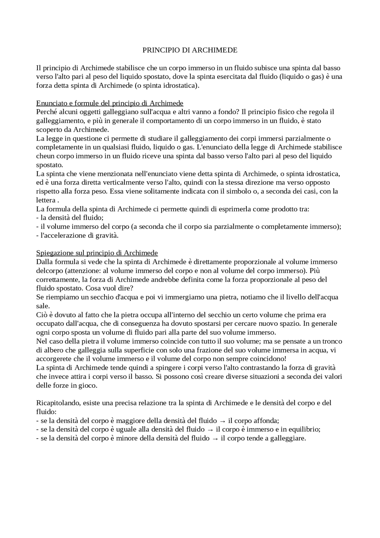Concetti Chiave Sul Principio Di Archimede Schemi E Mappe Concettuali