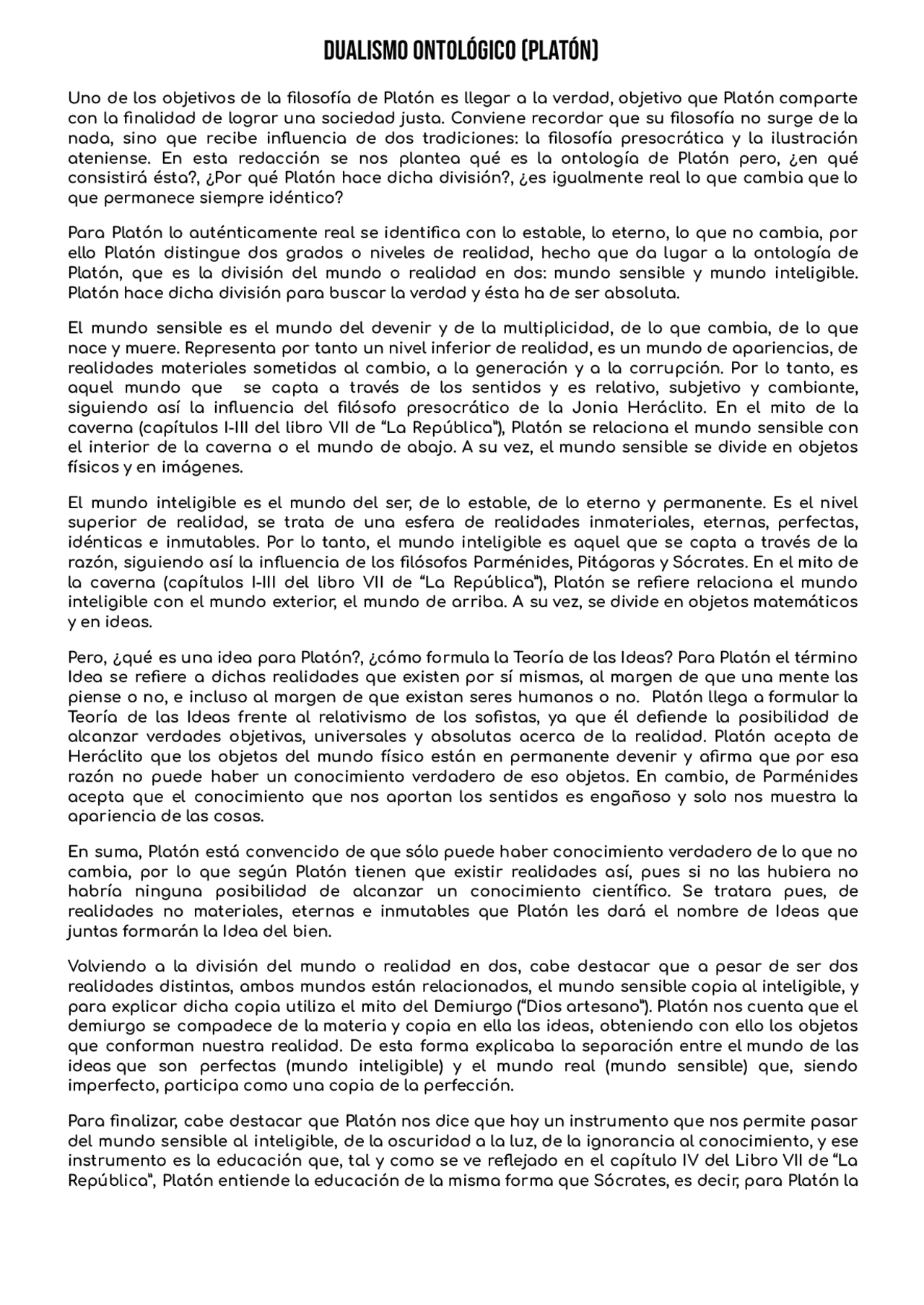 Redacción sobre el Dualismo Ontológico de Platón | Apuntes de Historia ...