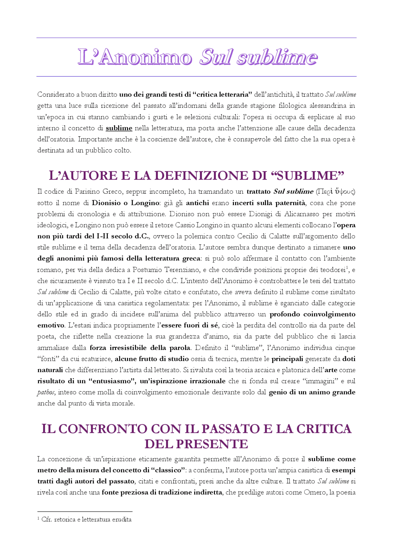 L'Anonimo Sul Sublime | Appunti di Greco | Docsity