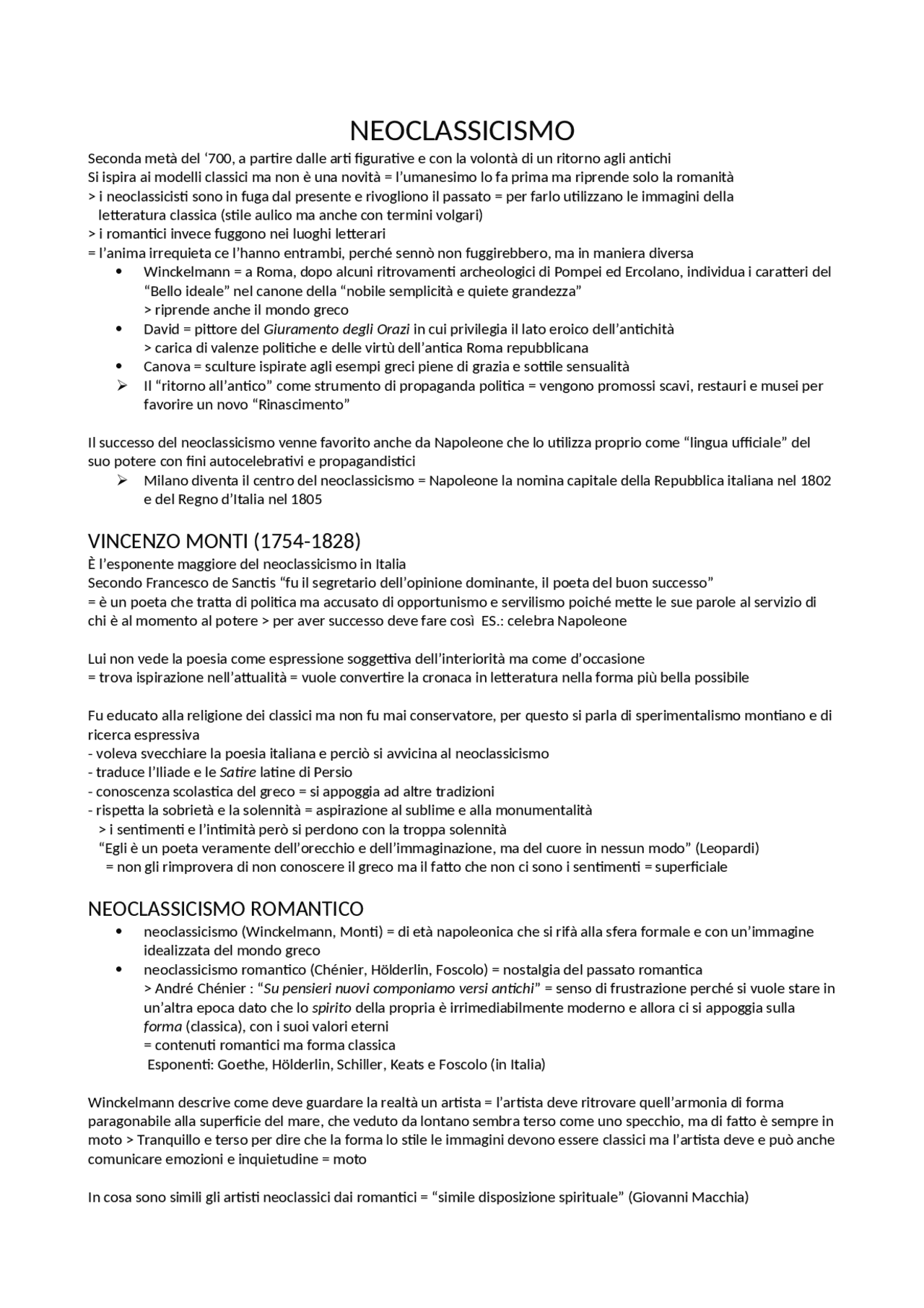 Neoclassicismo, Monti, Foscolo e opere | Appunti di Italiano | Docsity