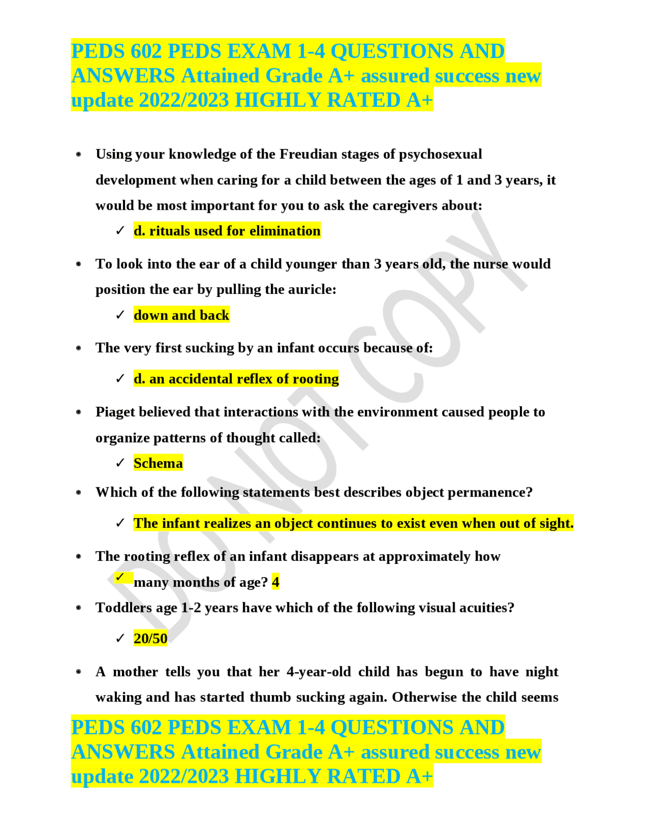 Peds 602 Peds Exam 1 4 Questions And Answers Attained Grade A Assured