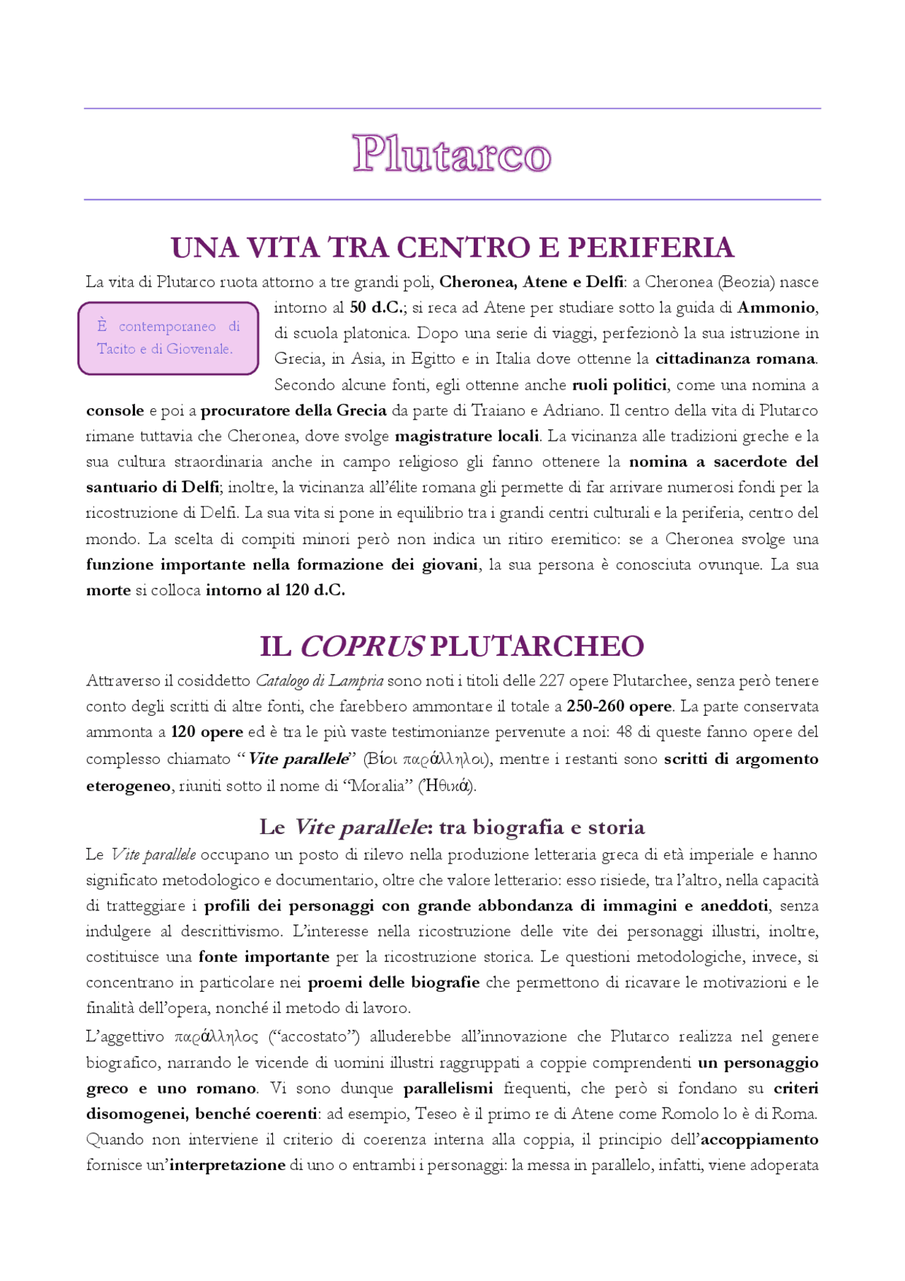 Plutarco Vita E Opere Appunti Di Greco Docsity