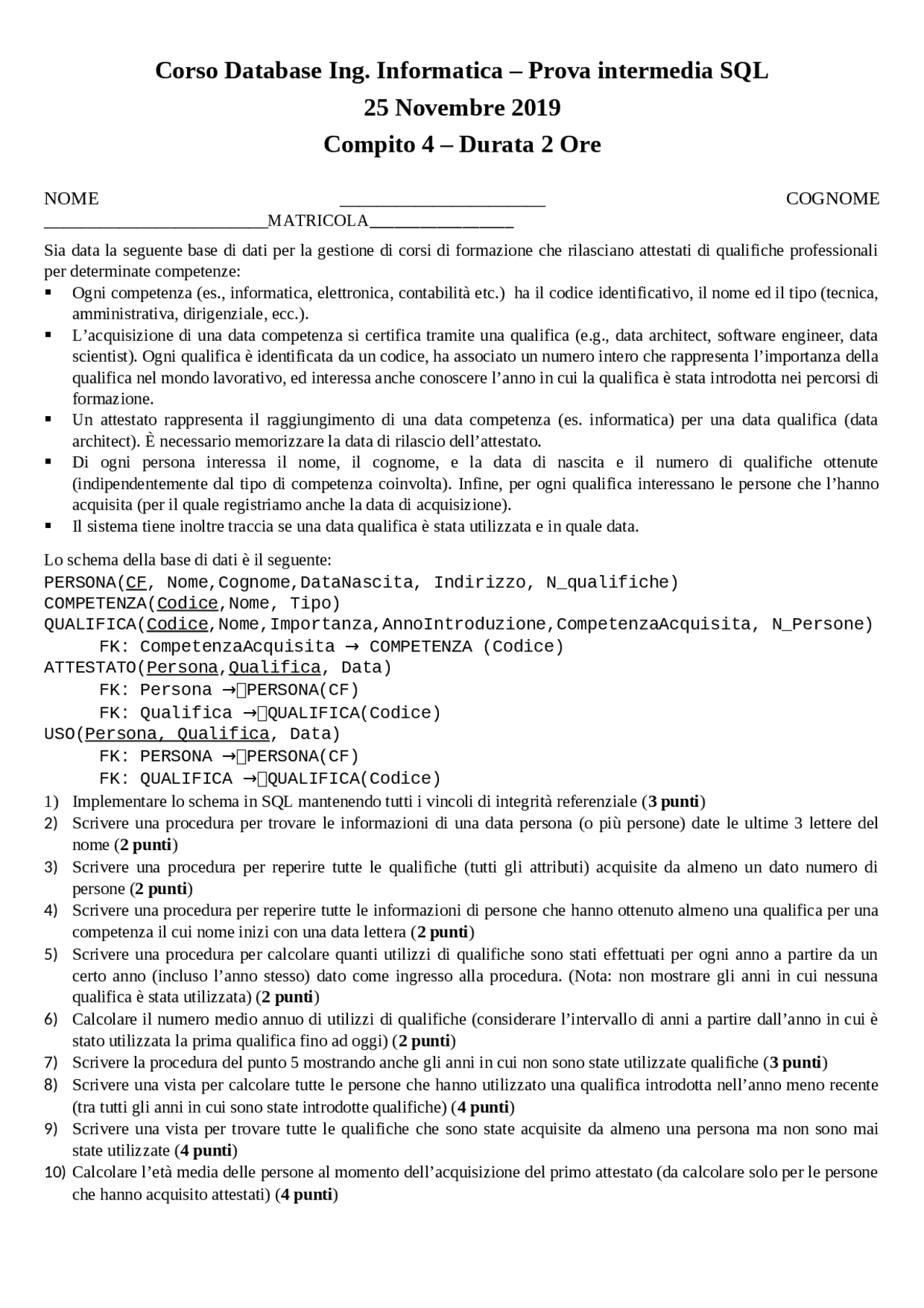 Simulazione Desame Database Sql Prove Desame Di Database