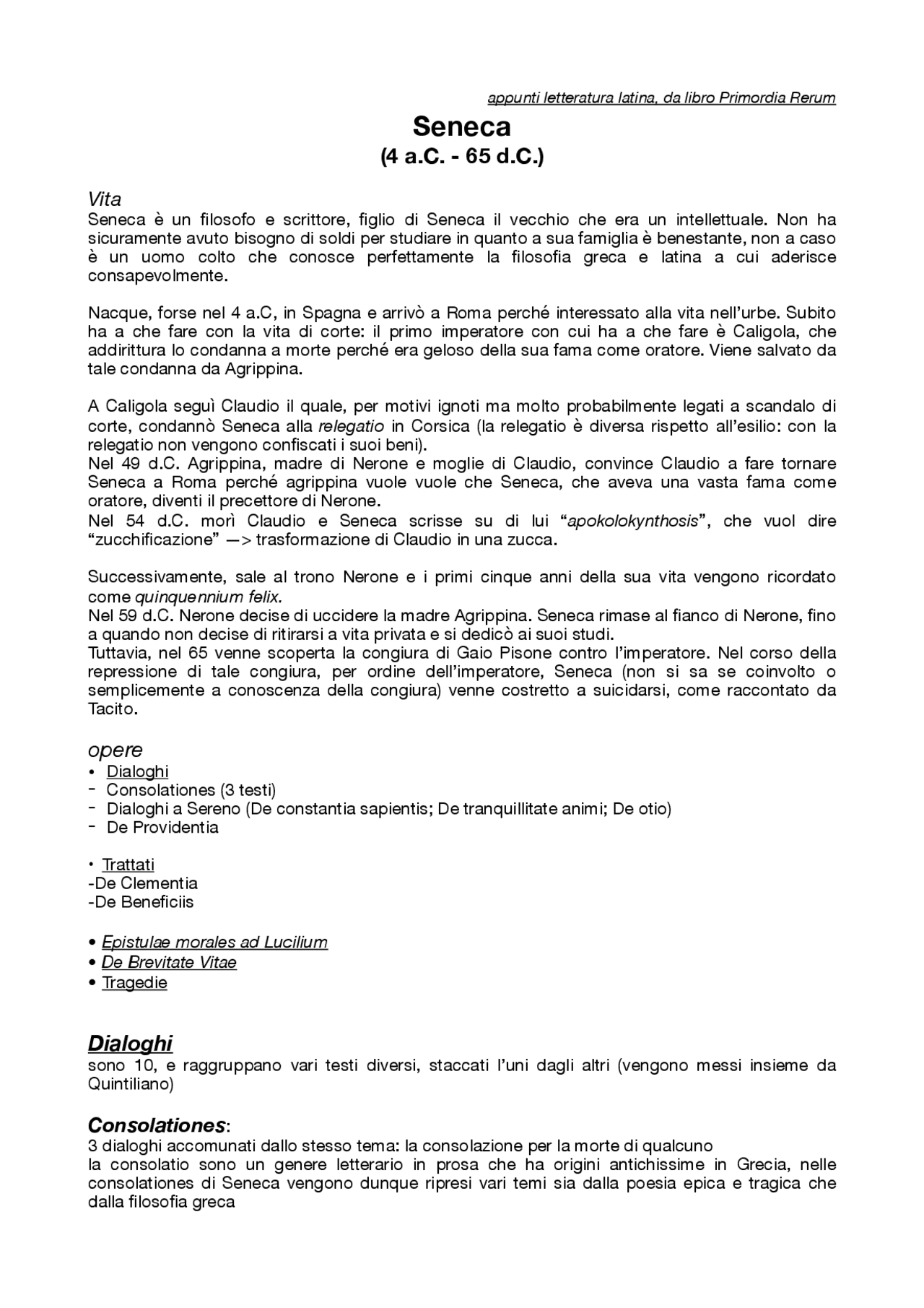 SENECA - pensiero, opere - Primordia rerum | Appunti di Latino - Docsity