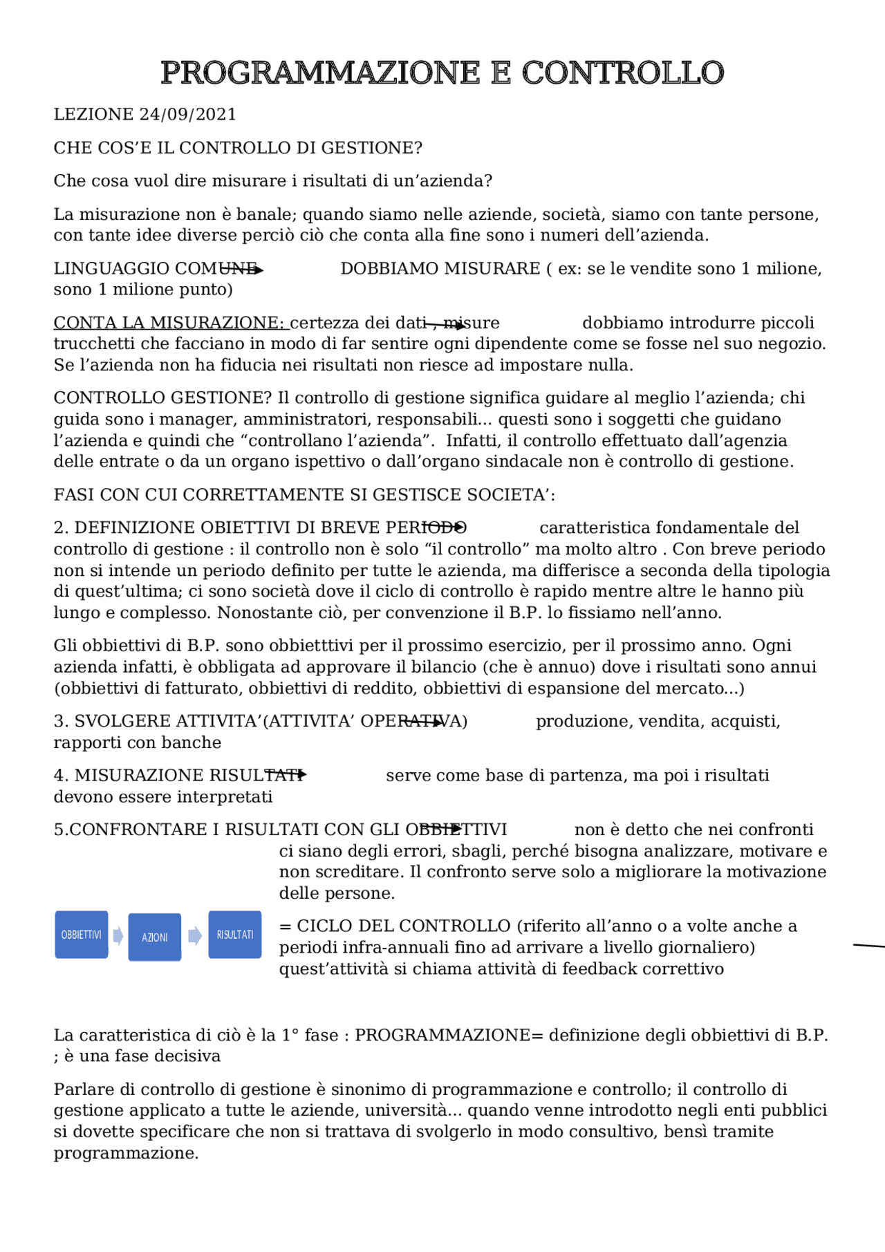 Appunti Delle Lezioni Appunti Di Programmazione E Controllo Docsity