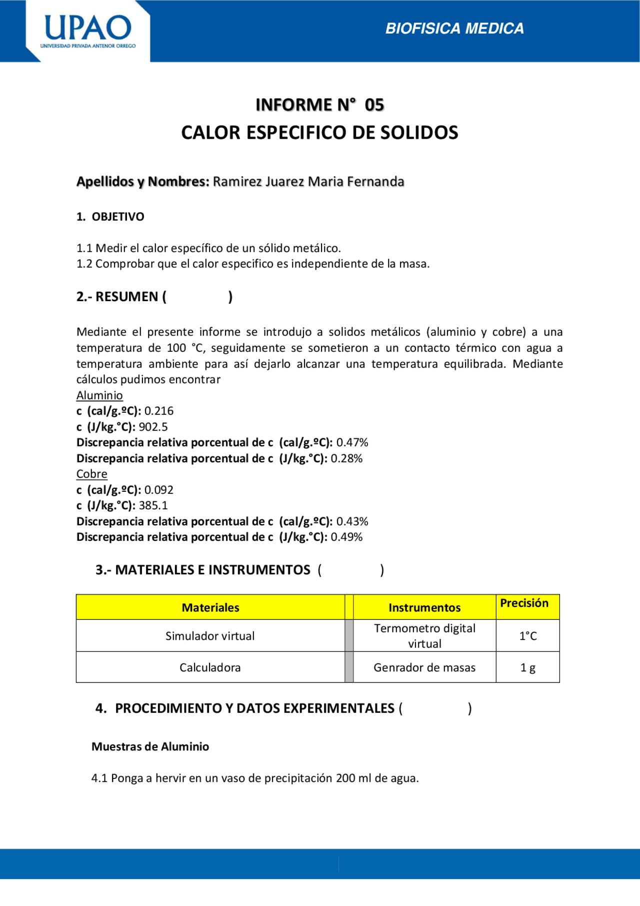 Informe Calor Especificio Ejercicios De Biofísica Docsity