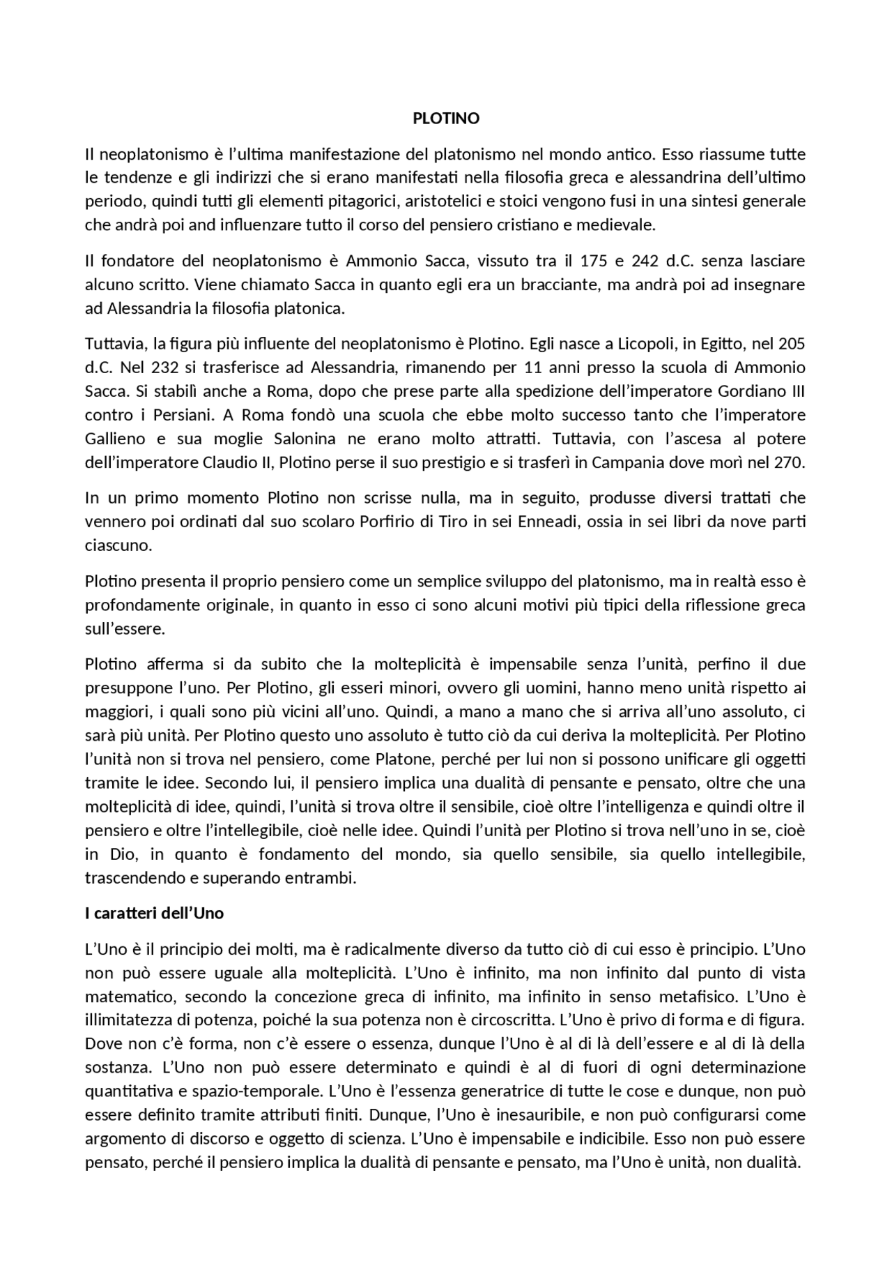 Riassunto filosofia Plotino | Schemi e mappe concettuali di Filosofia | Docsity