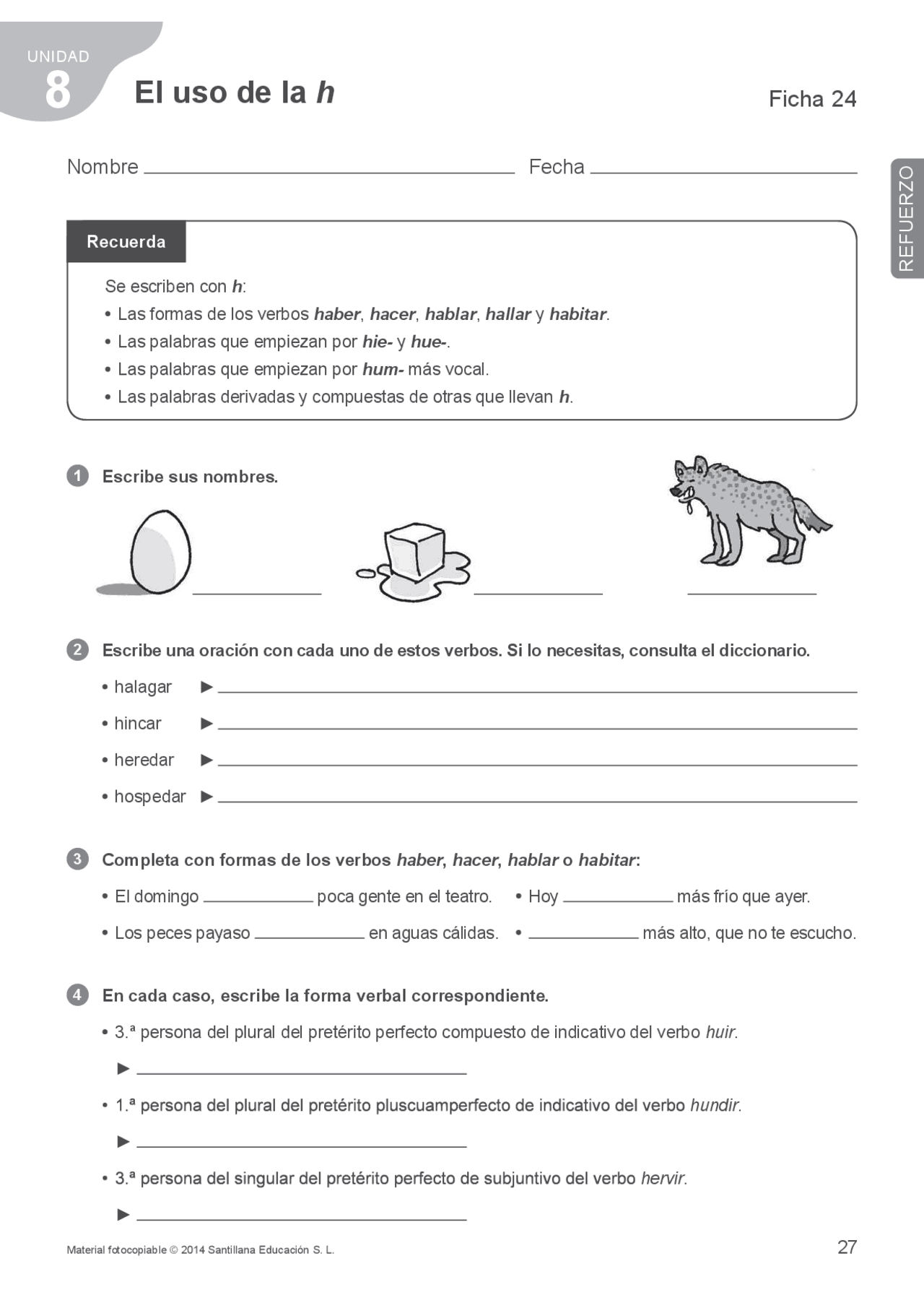 Uso de la H para aprender | Ejercicios de Lengua y Literatura | Docsity