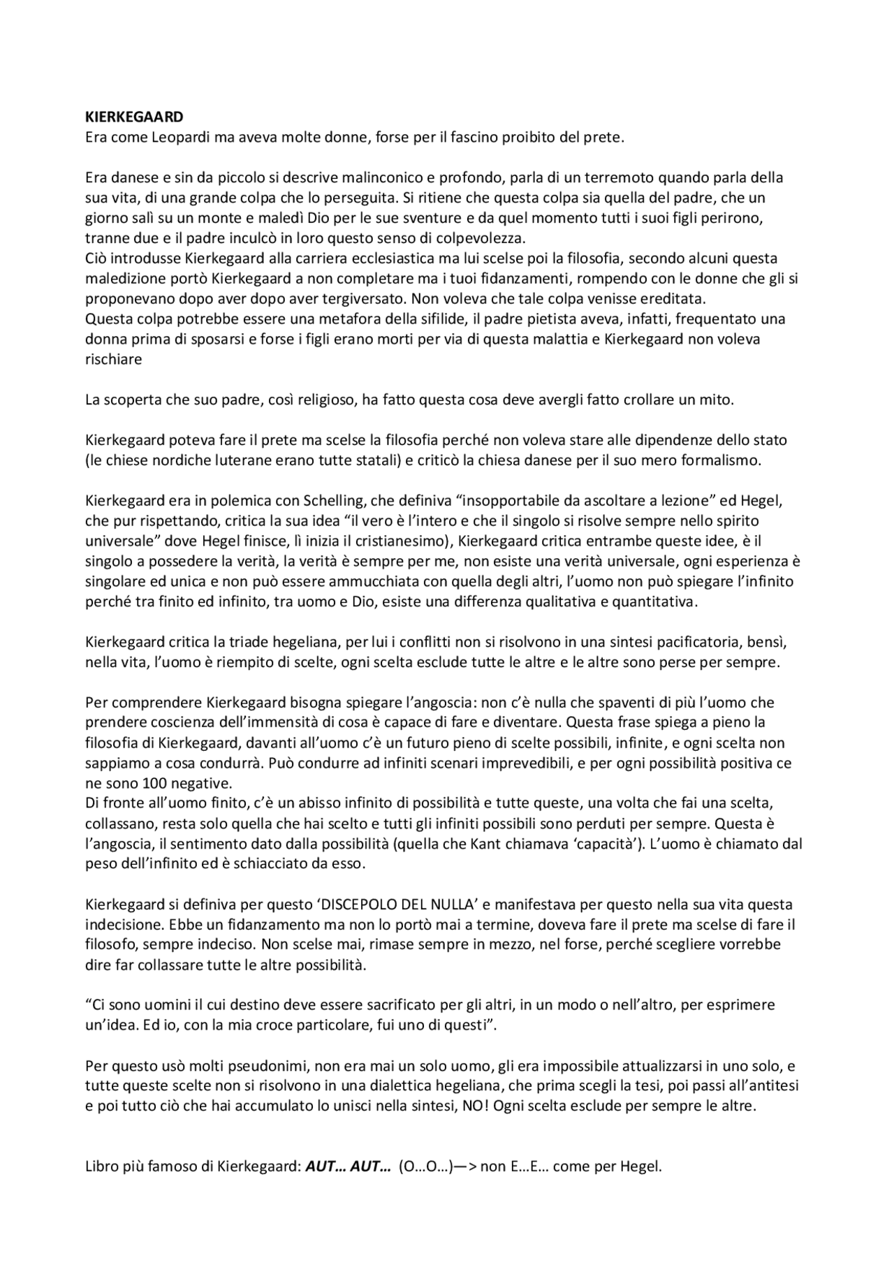 Kierkegaard Schemi E Mappe Concettuali Di Filosofia Docsity