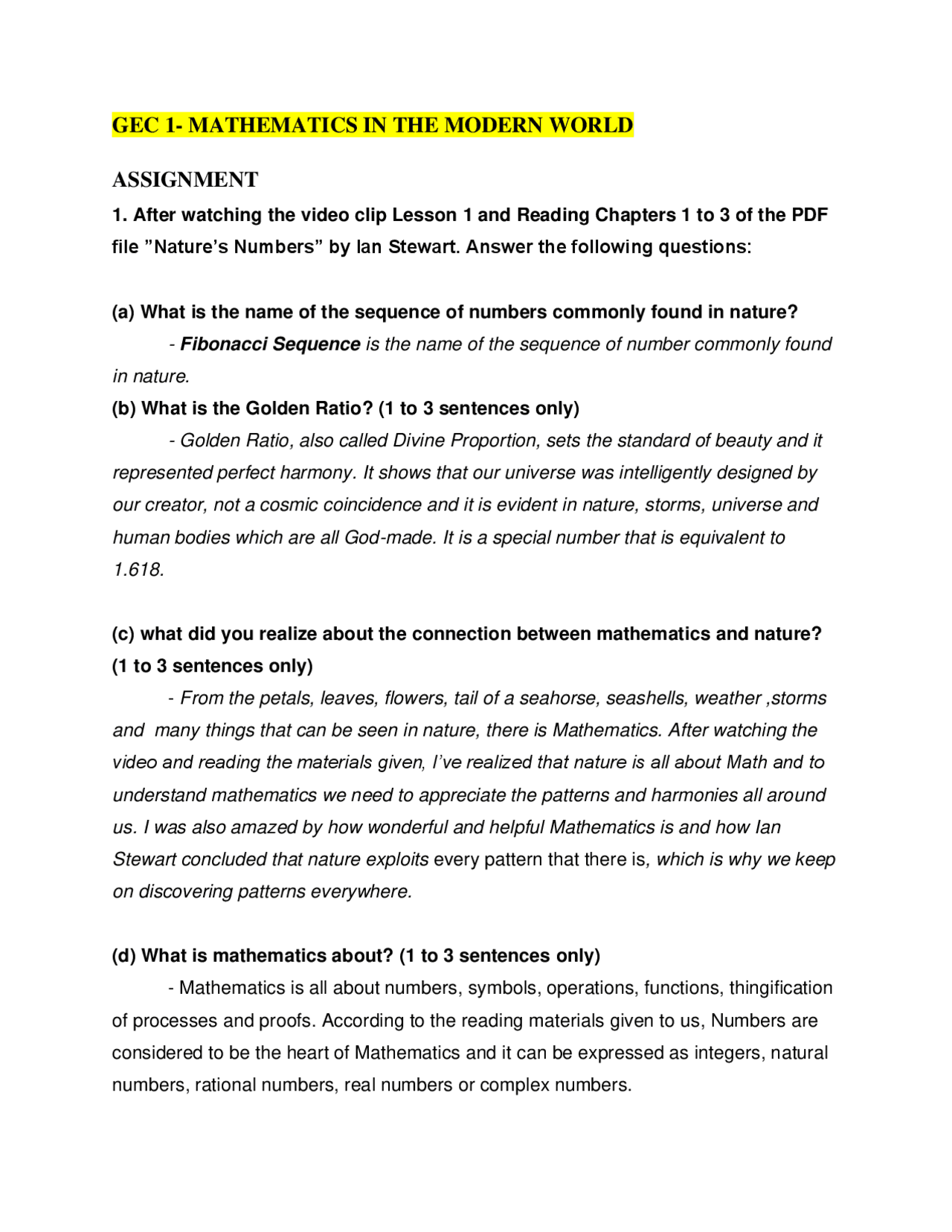Mathematics In The Modern World Exercises Mathematics Docsity