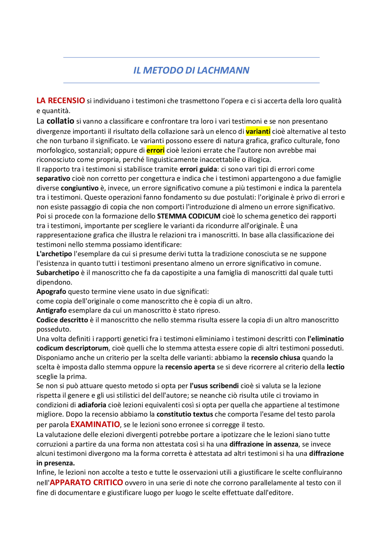 Il Metodo Di Lachmann Appunti Di Filologia Docsity