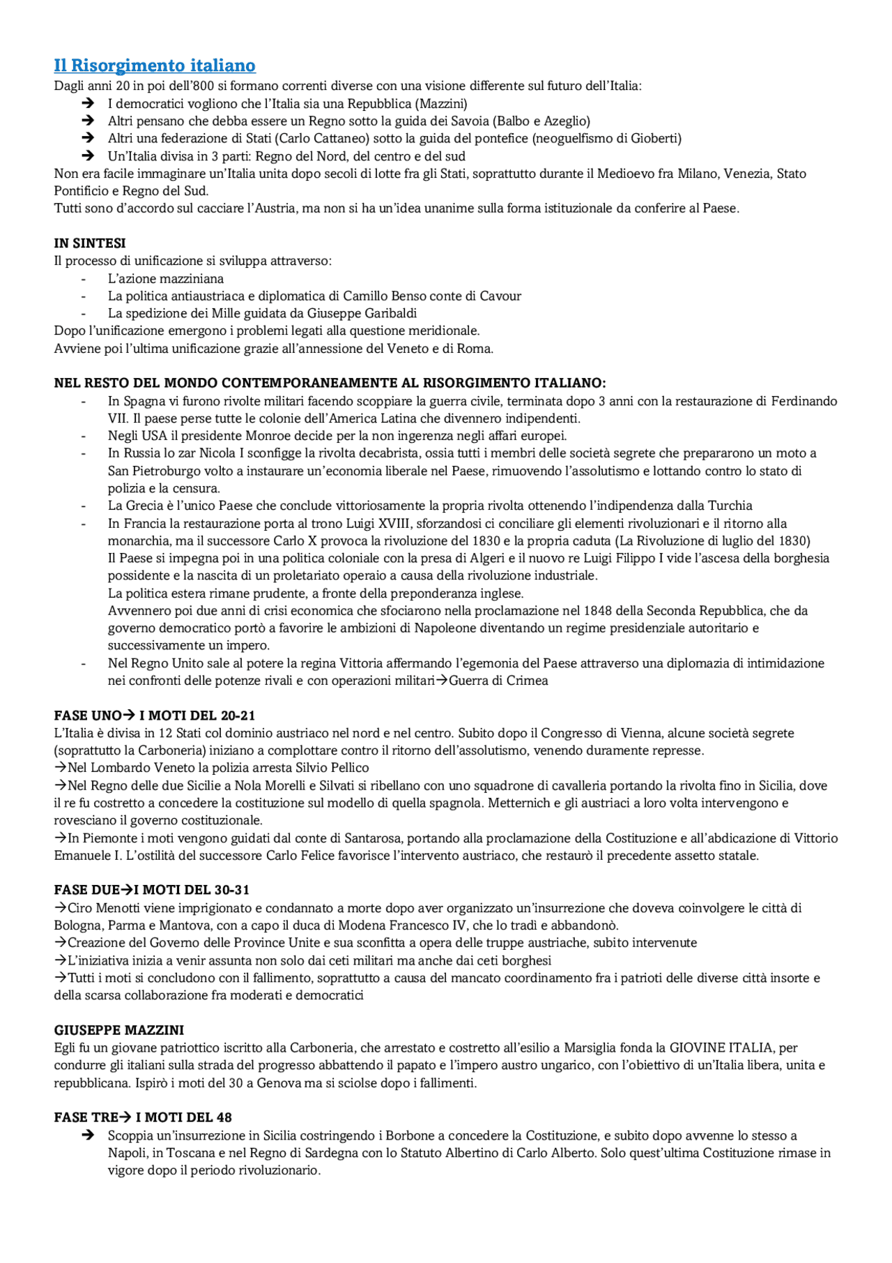 IL RISORGIMENTO ITALIANO | Appunti di Storia | Docsity