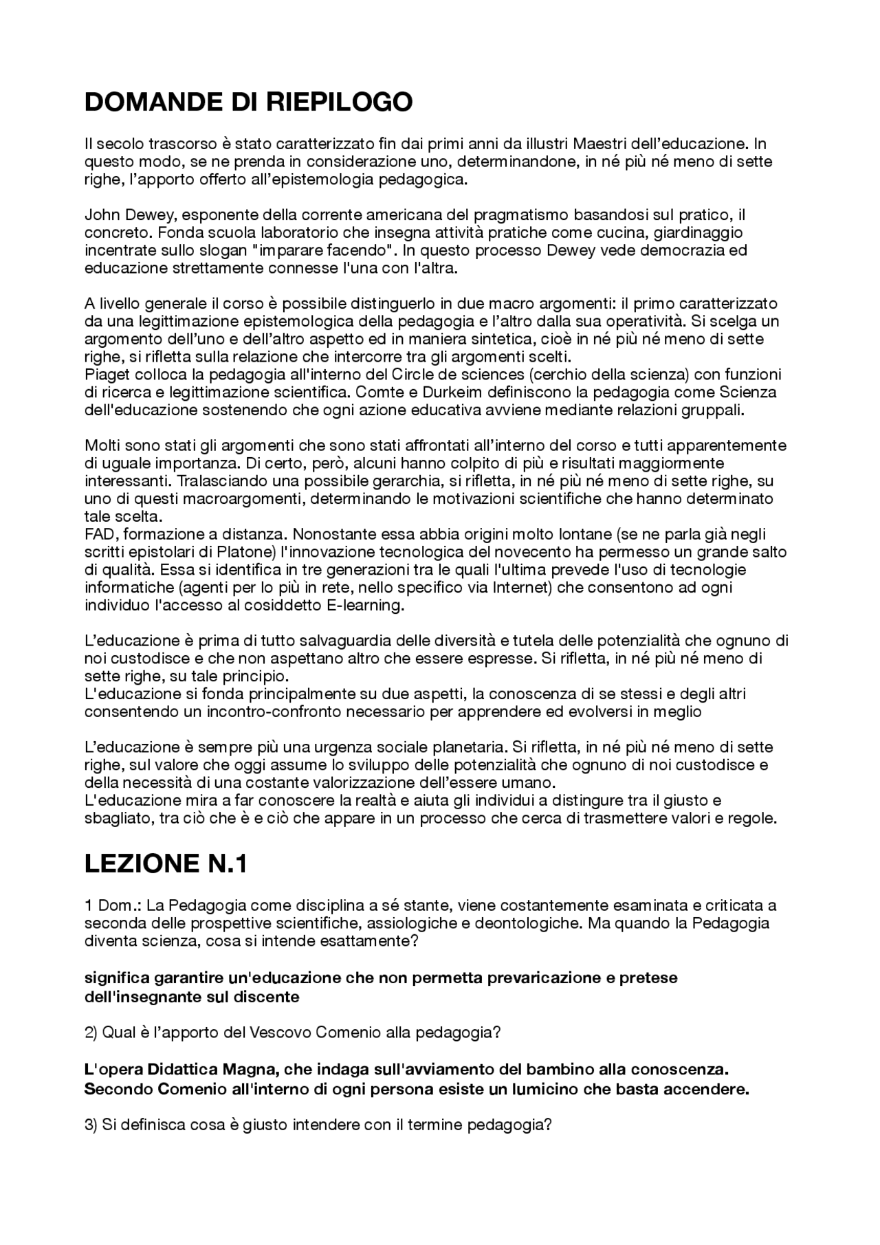 Risposta domande aperte frquenti | Prove d'esame di Pedagogia | Docsity