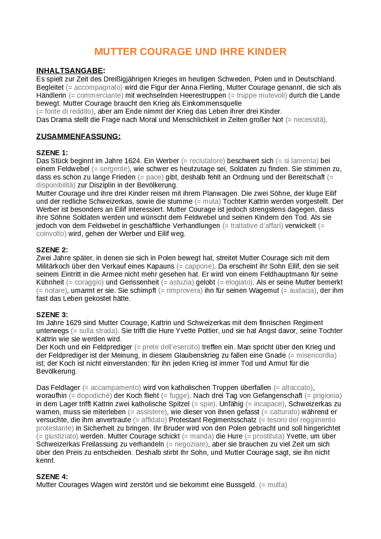 Riassunto di Mutter Courage und ihre Kinder | Summaries German | Docsity