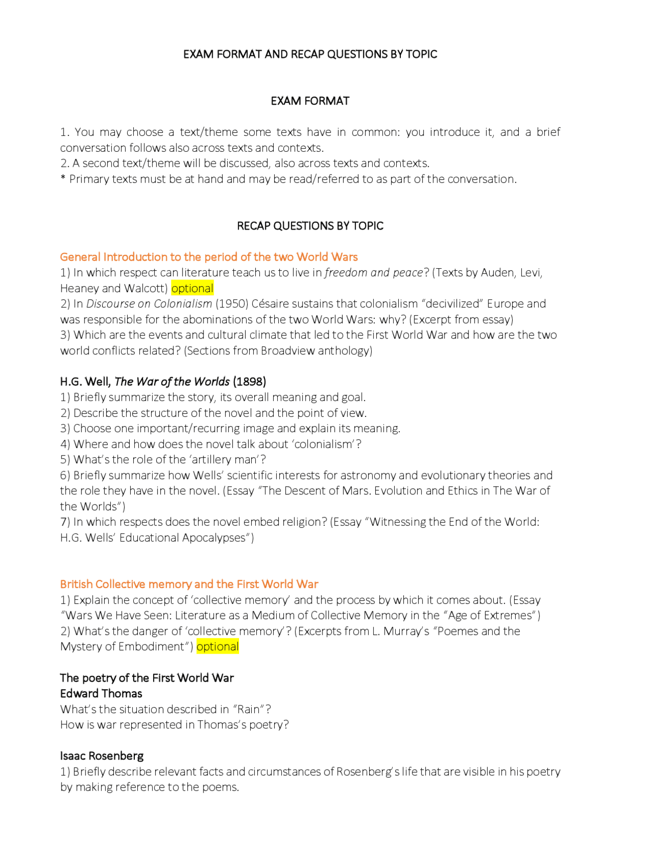 Letteratura Inglese 2 Exam Format And Recap Questions Schemi E Mappe