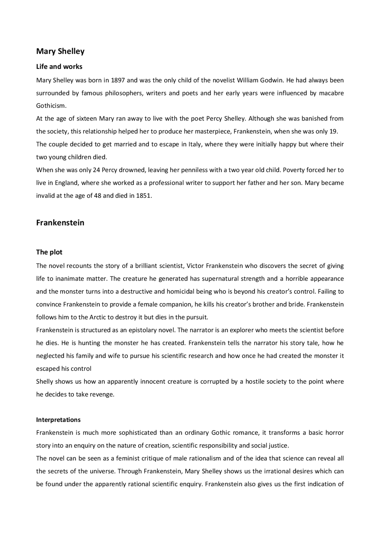 Mary Shelley And Frankenstein Appunti Di Inglese Docsity